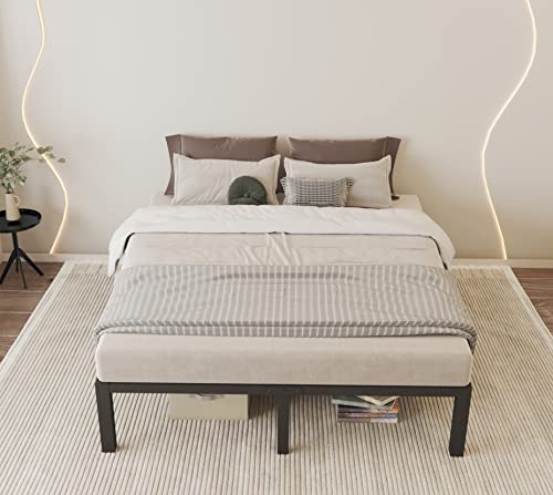 ROIL 14 inch Queen Size Bed Frame with Wood Slats - 3500lbs Heavy Duty No Box Spring Needed Platform, Mattress Stoppers Double Metal Noise Free Bedframe with Headboard Hole Underneath Storage