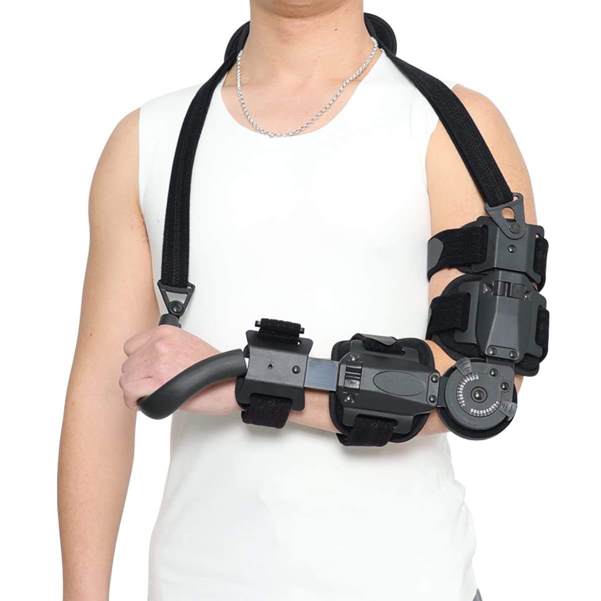 Doukom Hinged Elbow Brace. Adjustable Telescoping ROM Post Op Arm Splint with Sling Stabilizer for Dislocatedand and Removable Hand Grip & Shoulder Strap Men & Women Surgery Injury Recovery Pain Relief (Left)