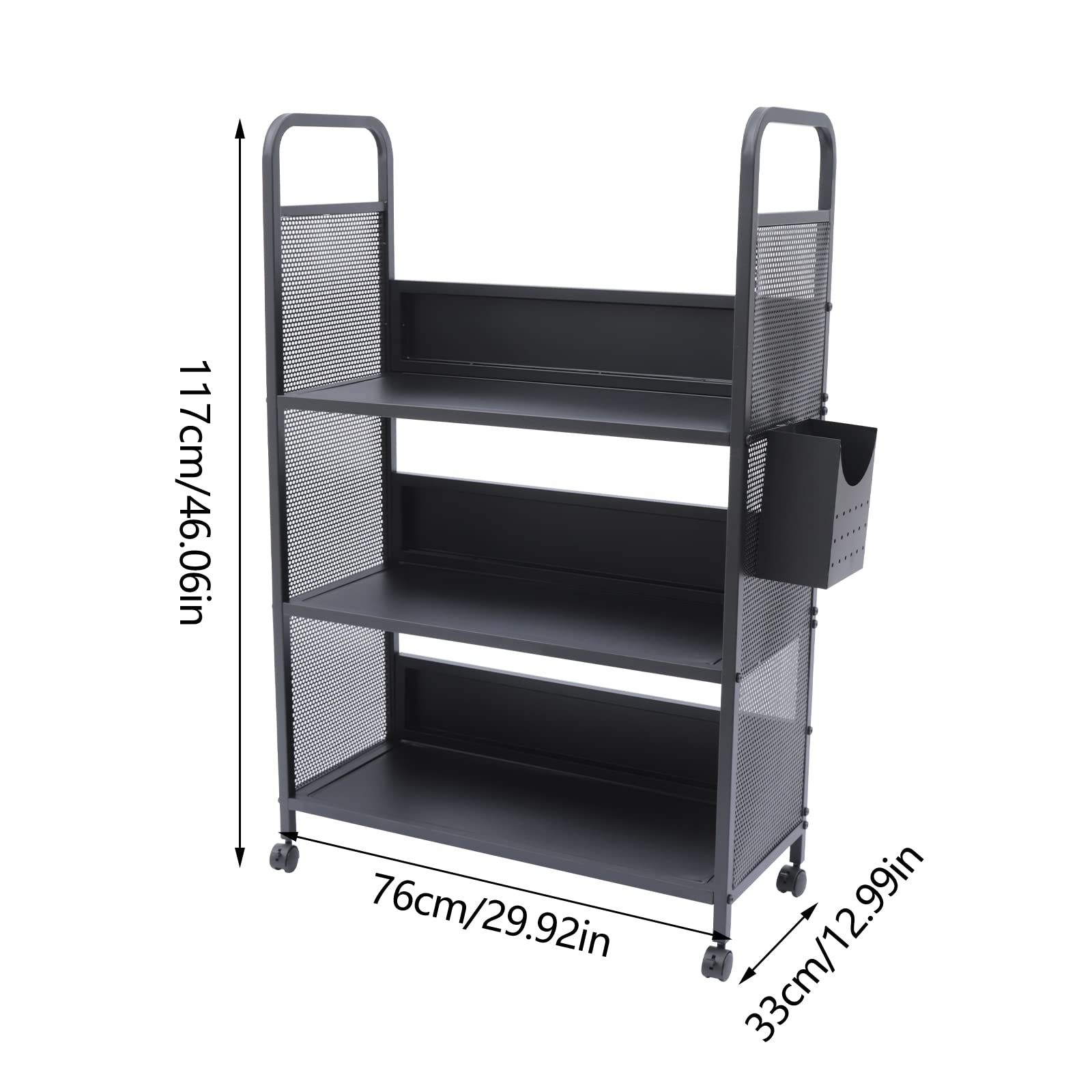 DDBESSIC Rolling Book Cart, 3 Tier Book Rack Storage Bookshelf with 3 Flat Shelves, Movable Bookcase with Wheels Utility Organizer Cart Side Literature Rack