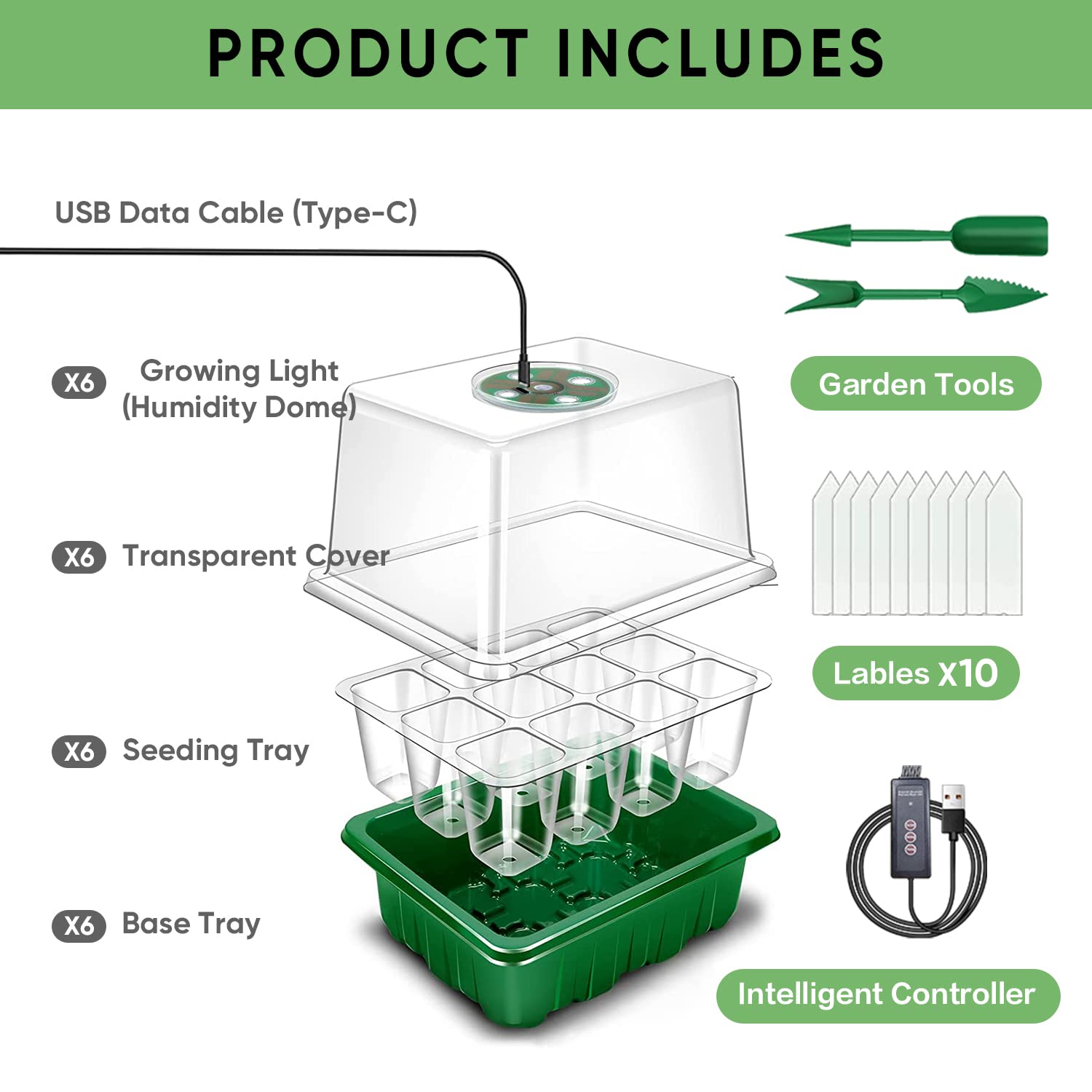 Daktenn Seed Starter Tray with Grow Light, 6 Pack Thicken Seed Starter Kit with Humidity Domes Heightened Lids, Covers Height 4.3", Timing Controller Adjustment Brightness Seed Starter with Light