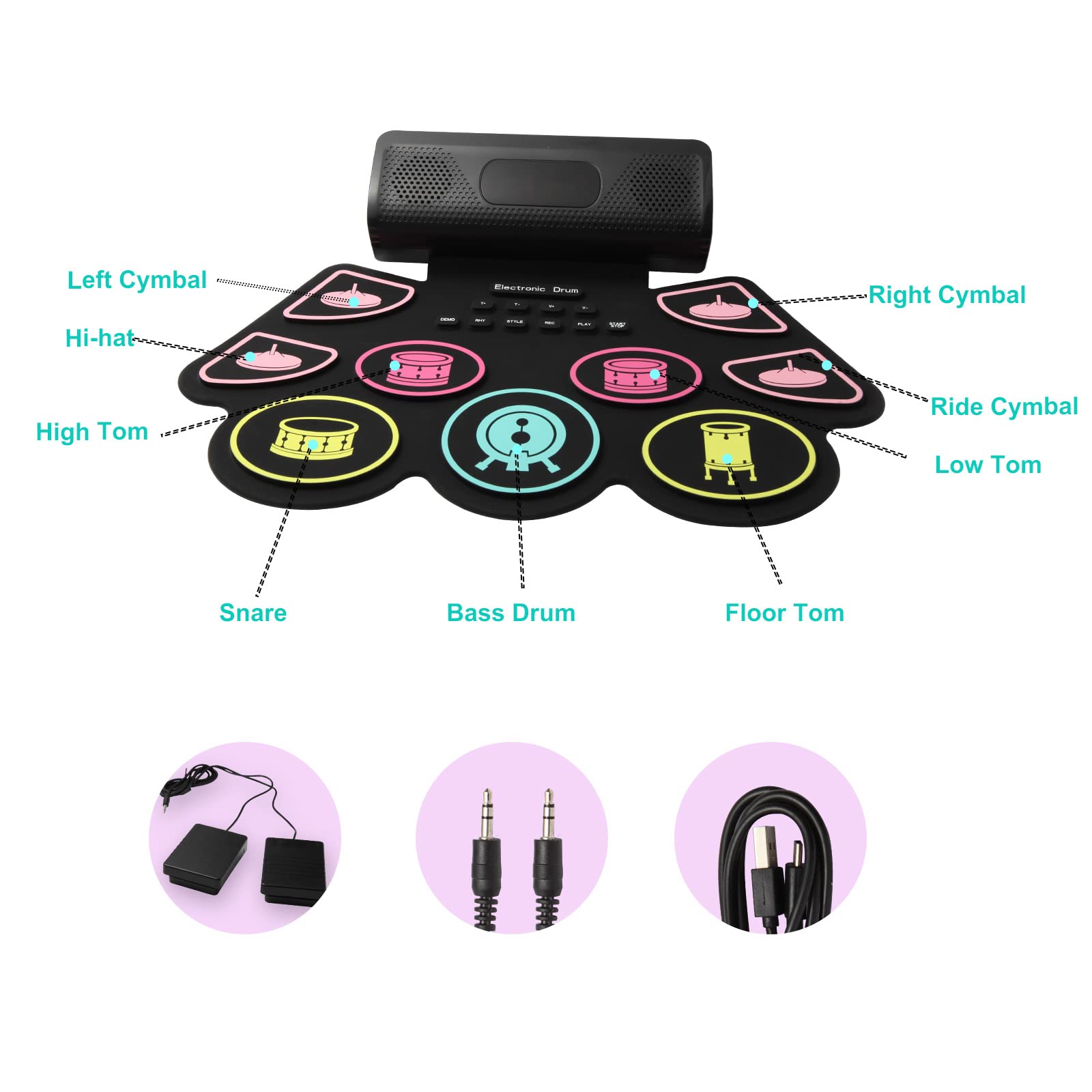 Electronic Drum Set for Kids 9 Drum Pad Portable Electronic Drum kit Beginner Practice Drum Set, Roll Up Drum Set with Speaker, Pedals and Sticks, Child's musical instrument