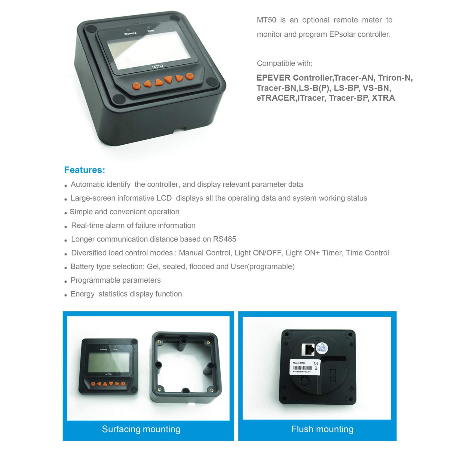 EPEVER MT50 Remote Meter for MPPT Solar Charge Controller 10/20/30/40A,50/60/80/100A LCD Display Monitoring Setting Datas of Solar Panel Battery Regulator System (MT50)