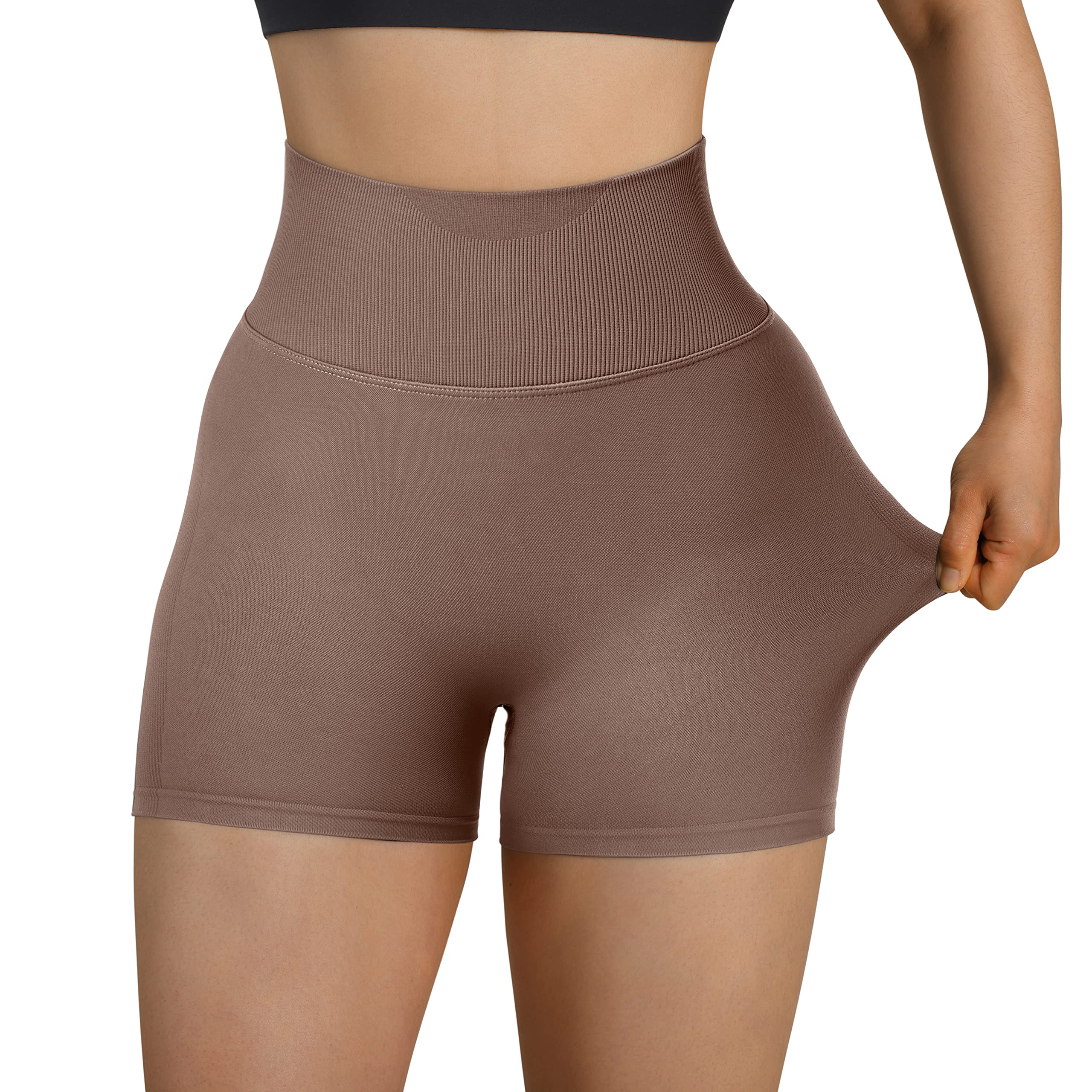 DOULAFASS Seamless Workout Shorts Womens High Waisted Butt Lifting Yoga Shorts (Medium, 266-Coffee)