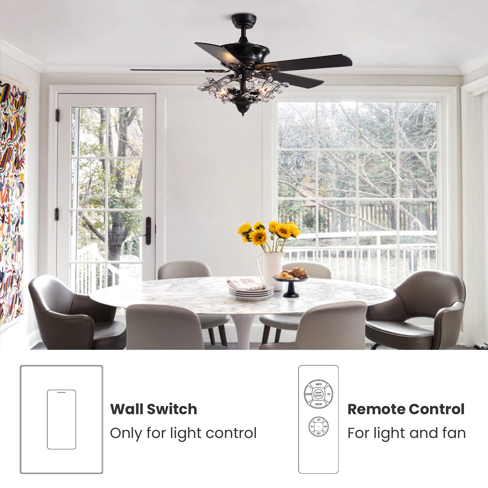 CROSSIO Modern Crystal Chandelier Ceiling Fan Gorgeous Reversible Ceiling Fan Light Fixture with Remote for Bedroom Living Room (Black-2, 50")