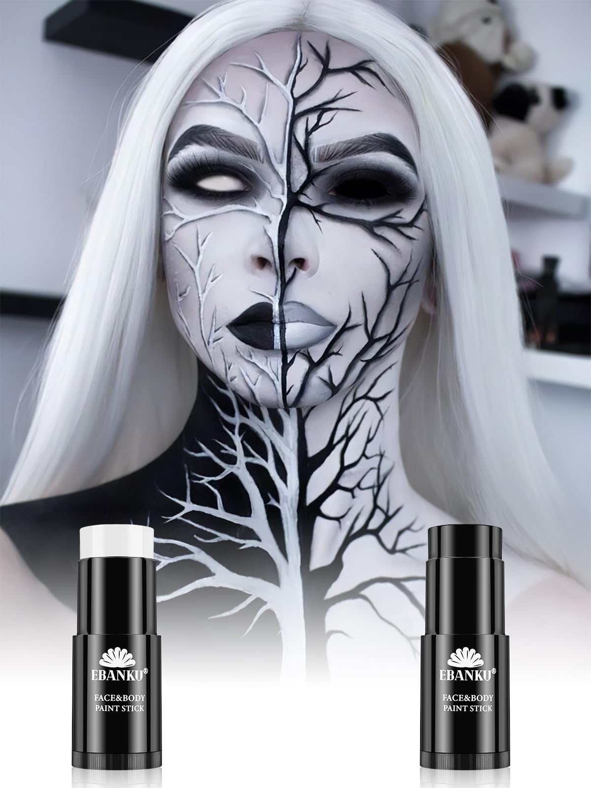 EBANKU 2Pcs White Black Face Body Paint Stick, , Eye Black Sticks for Sports White Cream-Blendable Stick Waterproof Sweatproof for Christmas Cosplay