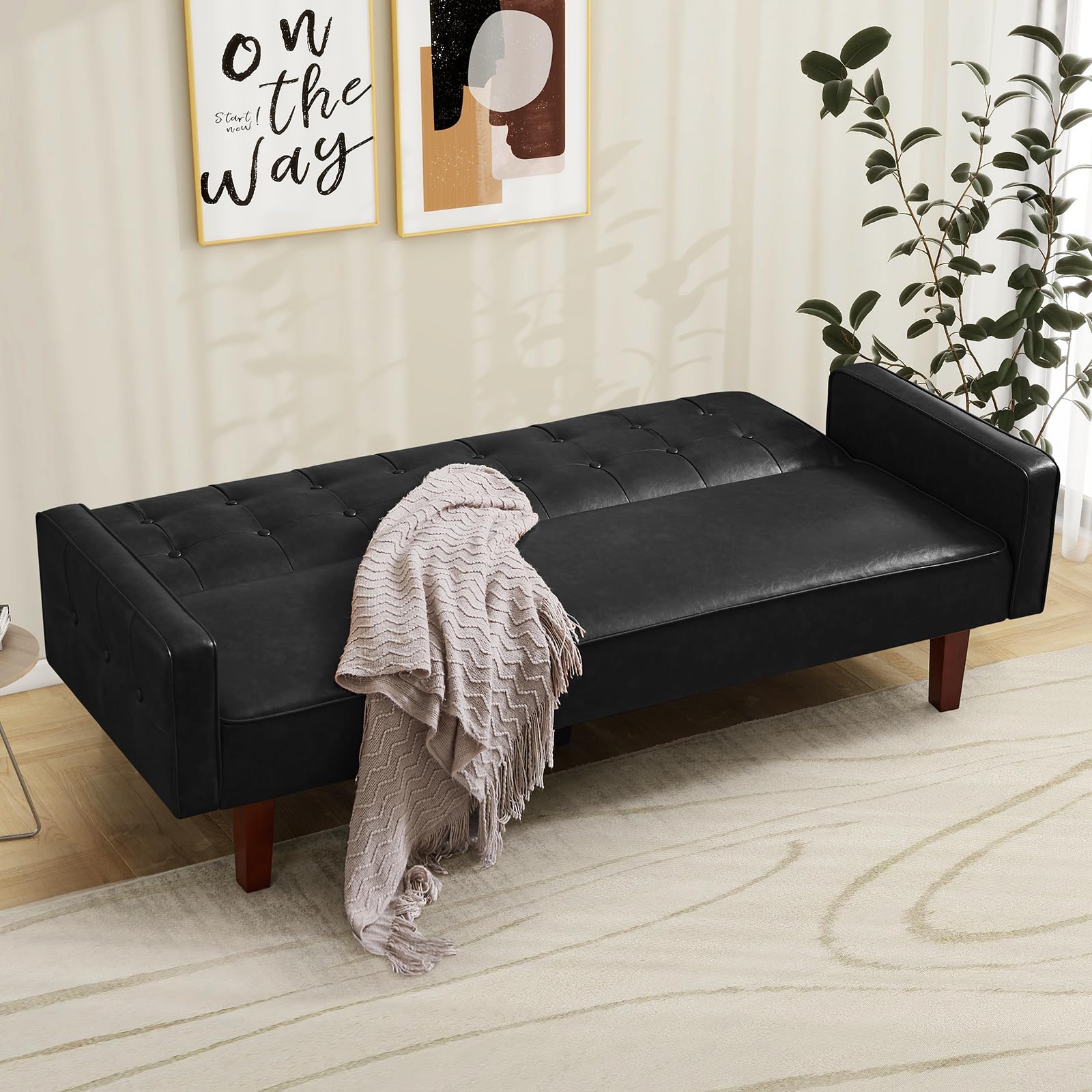 IULULU Futon Sofa Bed, Modern Convertible Faux Leather Sleeper Couch with Armrests for Studio, Office, Apartment, Compact Living, Game Room, Overnight Guests, Retro Black