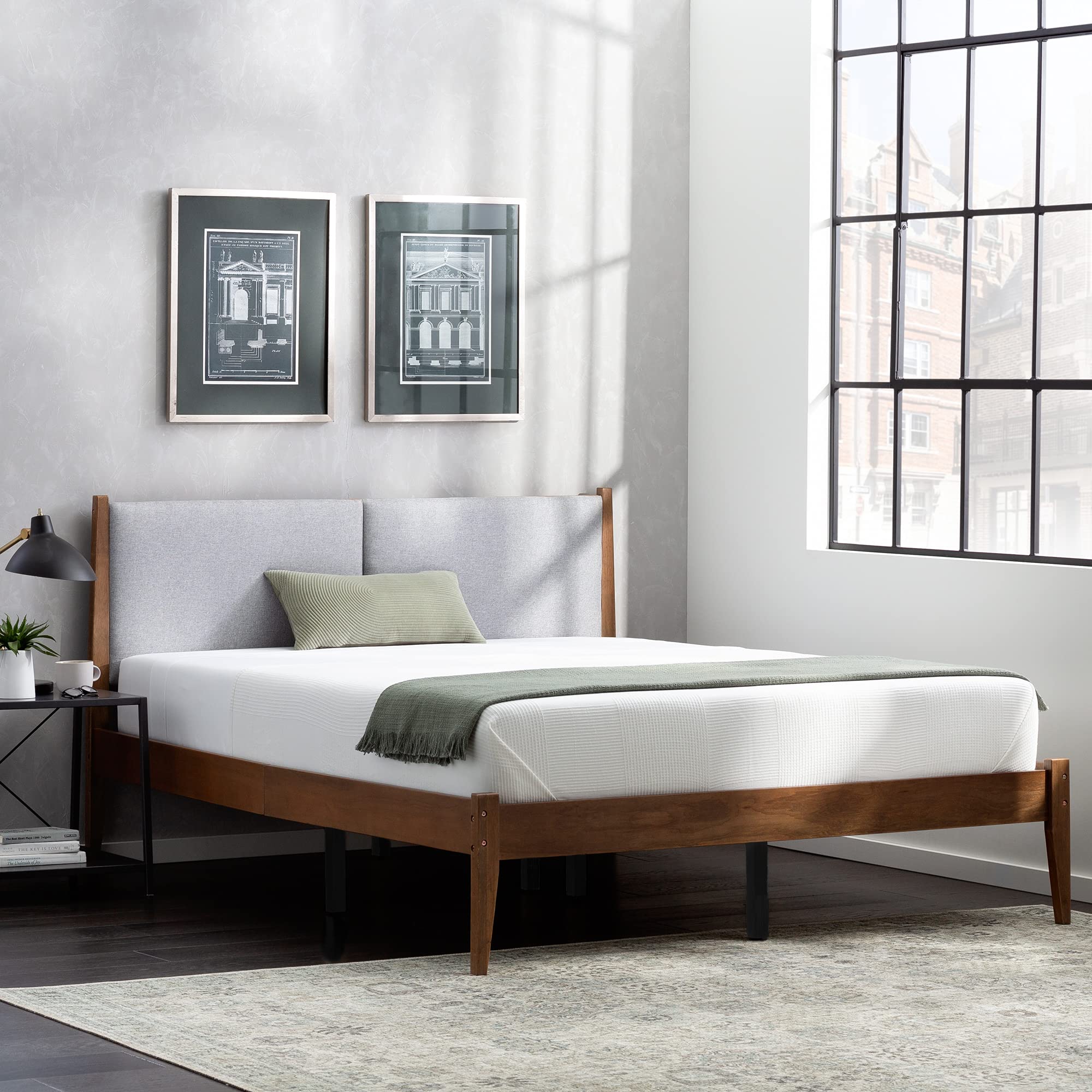 Edenbrook Crockett Wood and Upholstered Bed Frame-Box Spring Optional Platform, Full, Brown and Gray