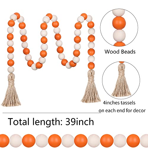 Meplait Wood Bead Garland,39in Farmhouse Beads with Tassels Boho Beads for Tiered Tray Decorative Beads Home Decor(Orange & Natural)