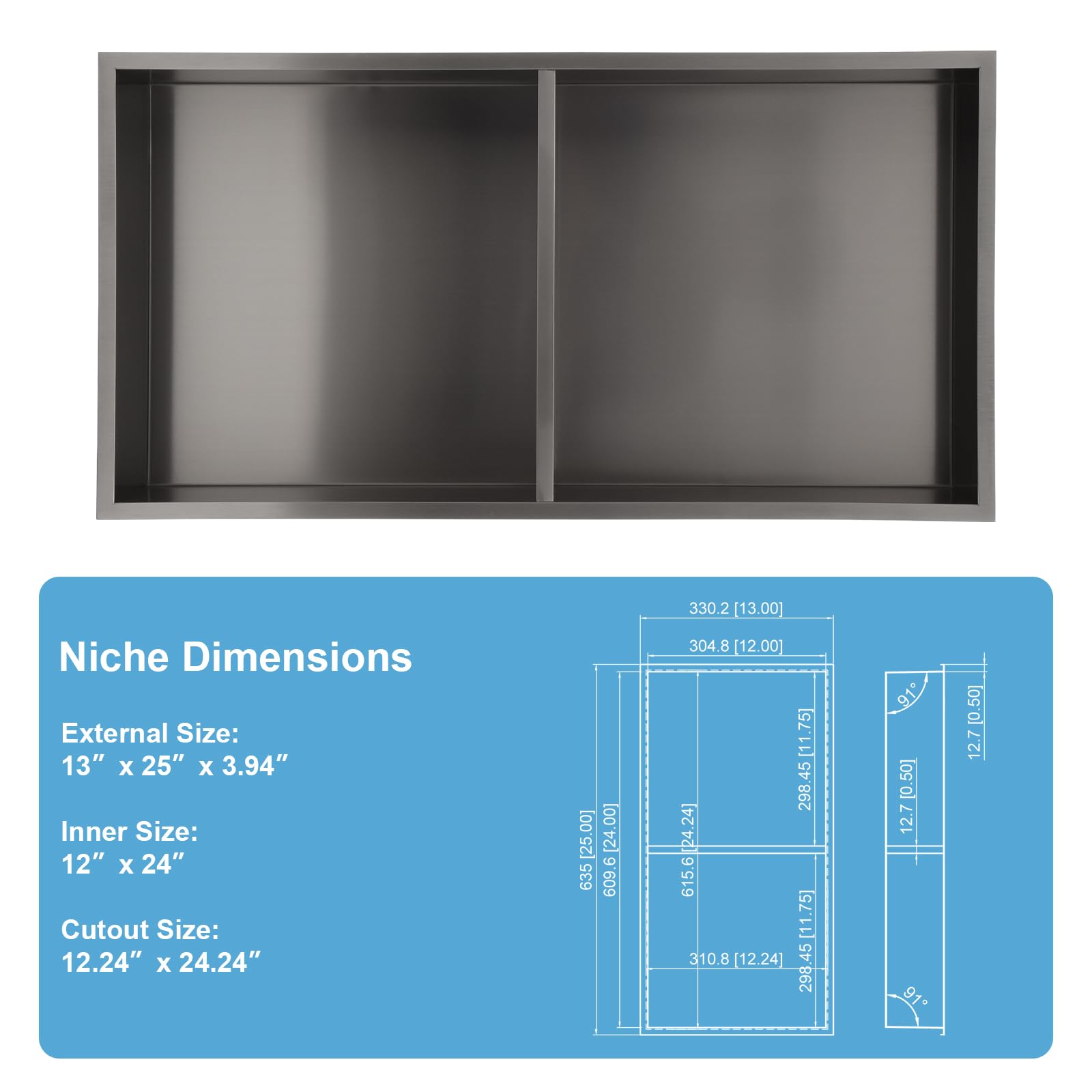 Lofeyo 12"x24" Stainless Steel Shower Niche Single Shelf Bathroom Wall Niche Brushed Nickel In-Wall Organizer for Soap and Accessories Horizontal Use