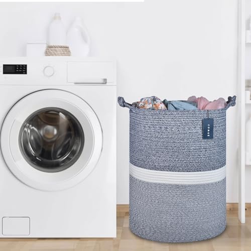 COMSE Extra Large Blanket Basket, Tall Laundry Basket, Laundry Hamper, 15.7βx 21.7β, Storage Basket, Blanket Basket for Living room, Toy Basket, Woven Basket, Clothes Baskets,Blend Navy Blue/White