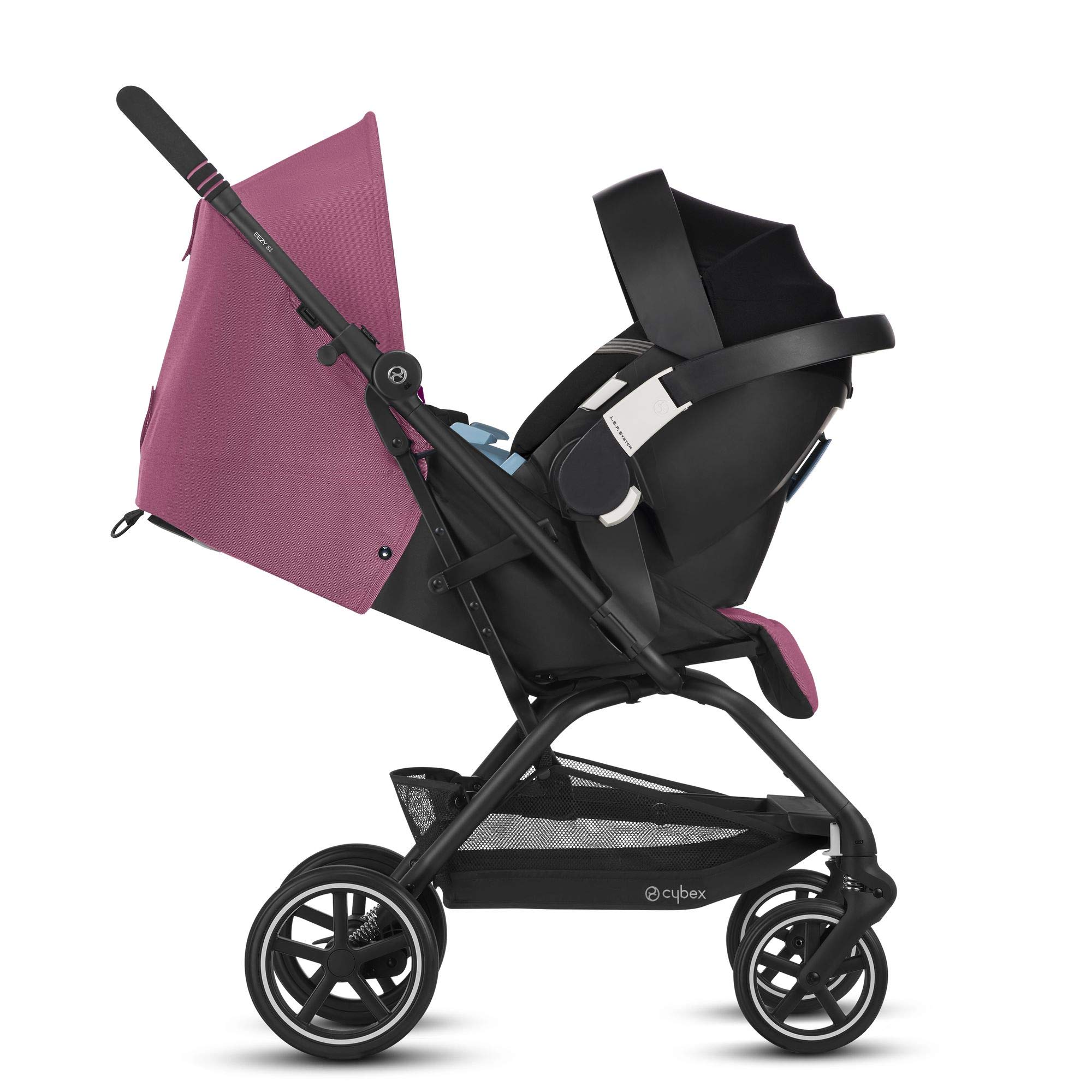 CYBEX Eezy S + 2 Stroller, Lightweight Travel Stroller, Compatible with All CYBEX Infant Car Seats, Compact Fold, Stands for Storage, All-Terrain Wheels, Baby Stroller for 6 Months+, Magnolia Pink