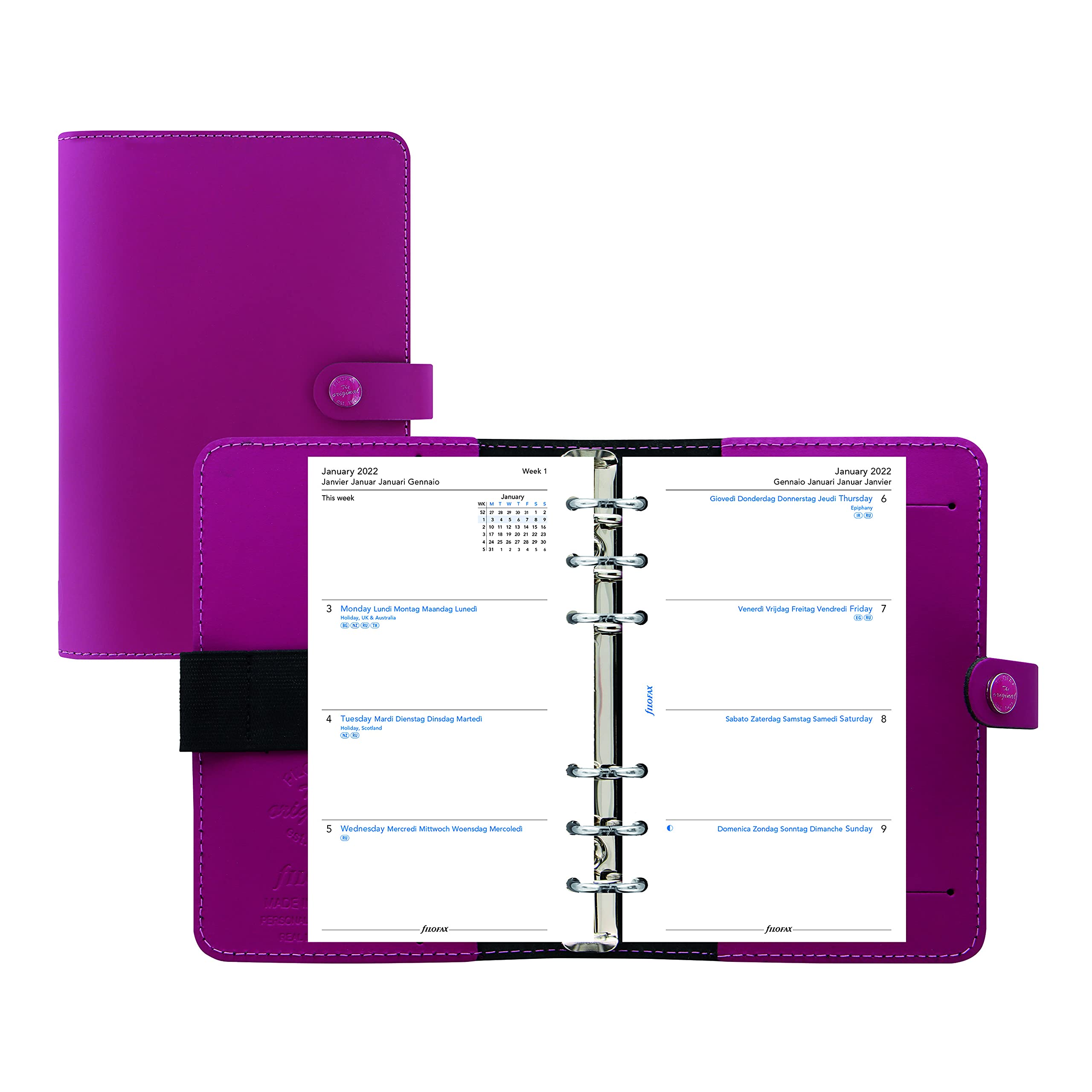 Filofax The Original Organizer, Personal Size, Raspberry - Leather, Six Rings, Week-to-View Calendar Diary, Multilingual, 2022 (C026088-22)