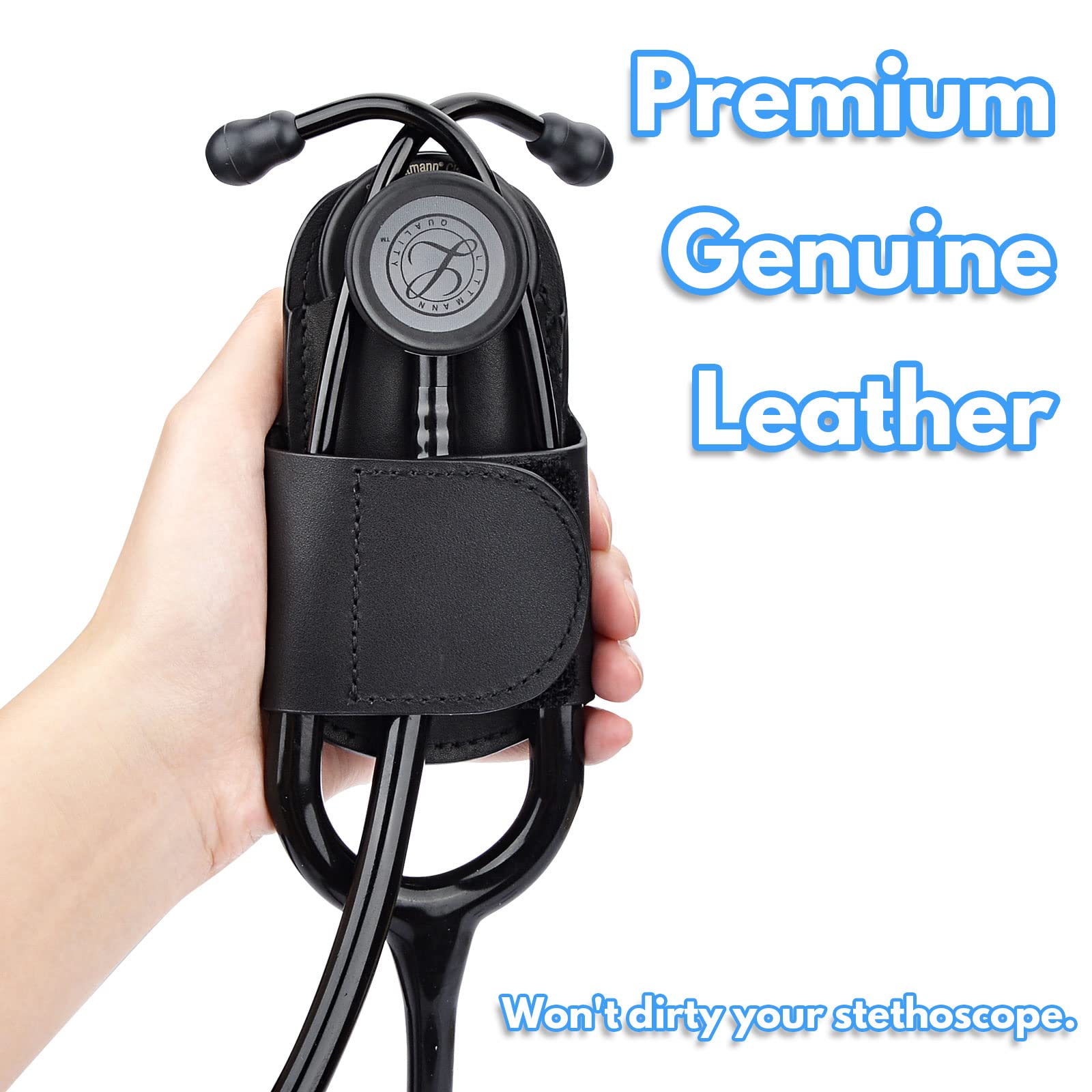Healvaluefit Stethoscope Holder Genuine Leather for Littmann, Stethoscope Holder Hip Clip with Velcro, Stethoscope Clip for Scrubs, Stethoscopes Accessories Fit for MDF, ADC, EKO (Black)