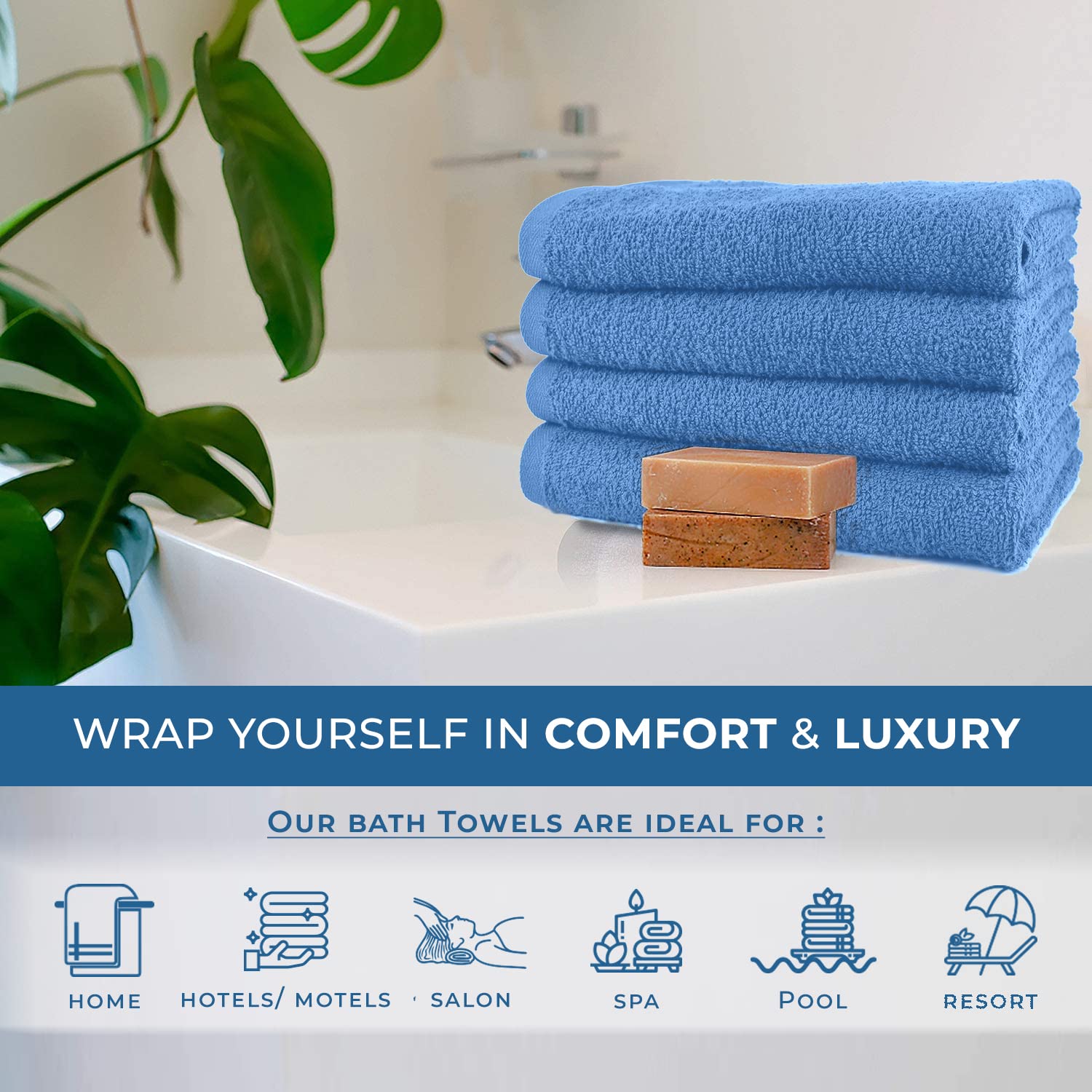 DAN RIVER 100% Cotton Economy Bath Towels Set Pack of 6| Super Absorbent Quick Drying Hotel Quality Towels for Home, Gym, Spa & Daily Use | Medium Blue, 22โx44โ, 400 GSM