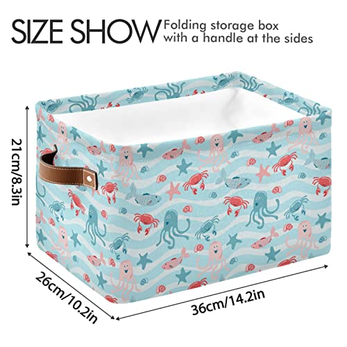 xigua Cartoon Octopus Fish Crabs Shellfish Square Storage Basket,Collapsible Sturdy Fabric Storage Basket Cube W/Handles for Clothes Toy Closet(1 pcs)