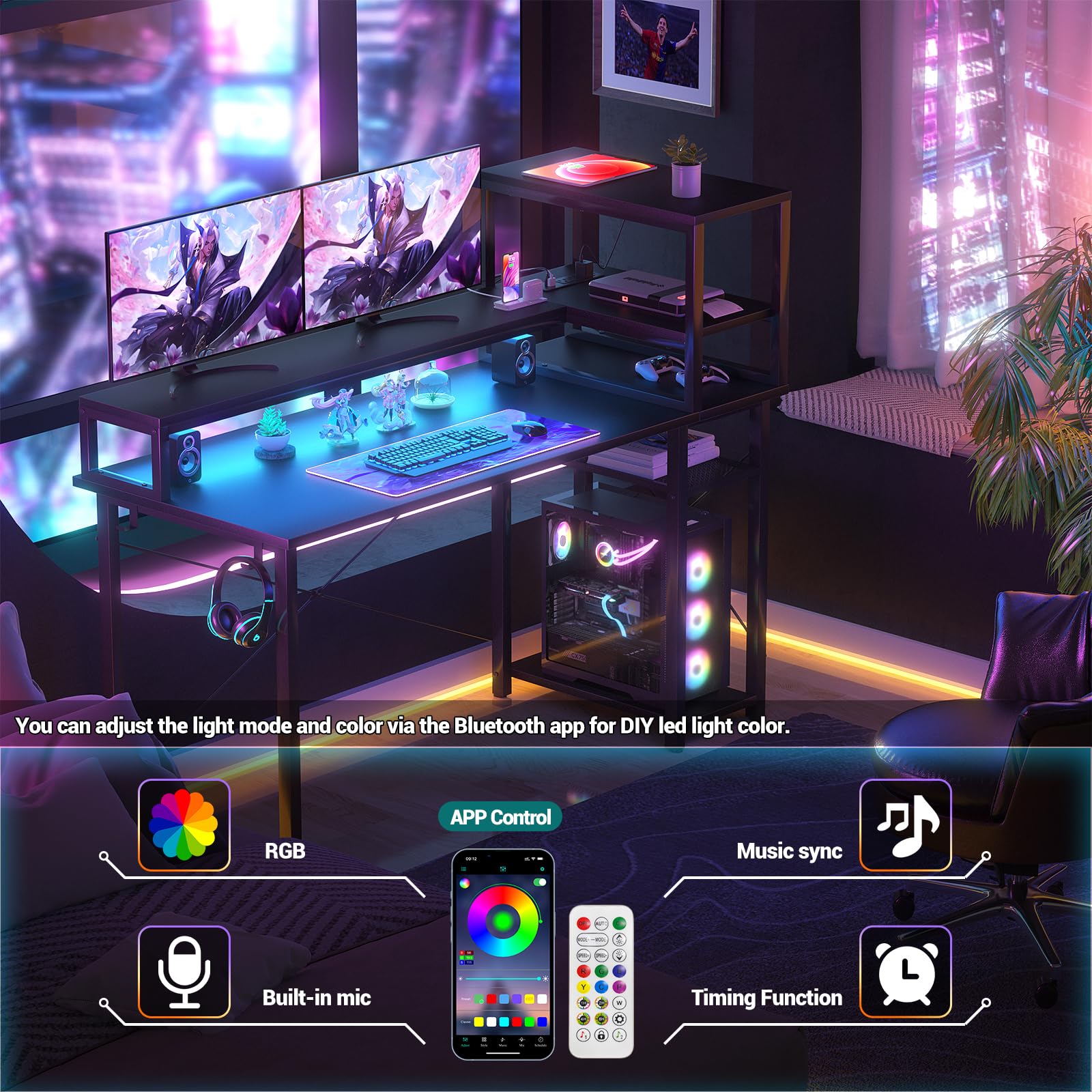 Cyclysio Gaming Desk 47", Computer Desk with Reversible Storage Shelves, Home Office Desk with Power Outlets & RGB Led Lights, Small Desk for Gaming, Studying, Working, Black