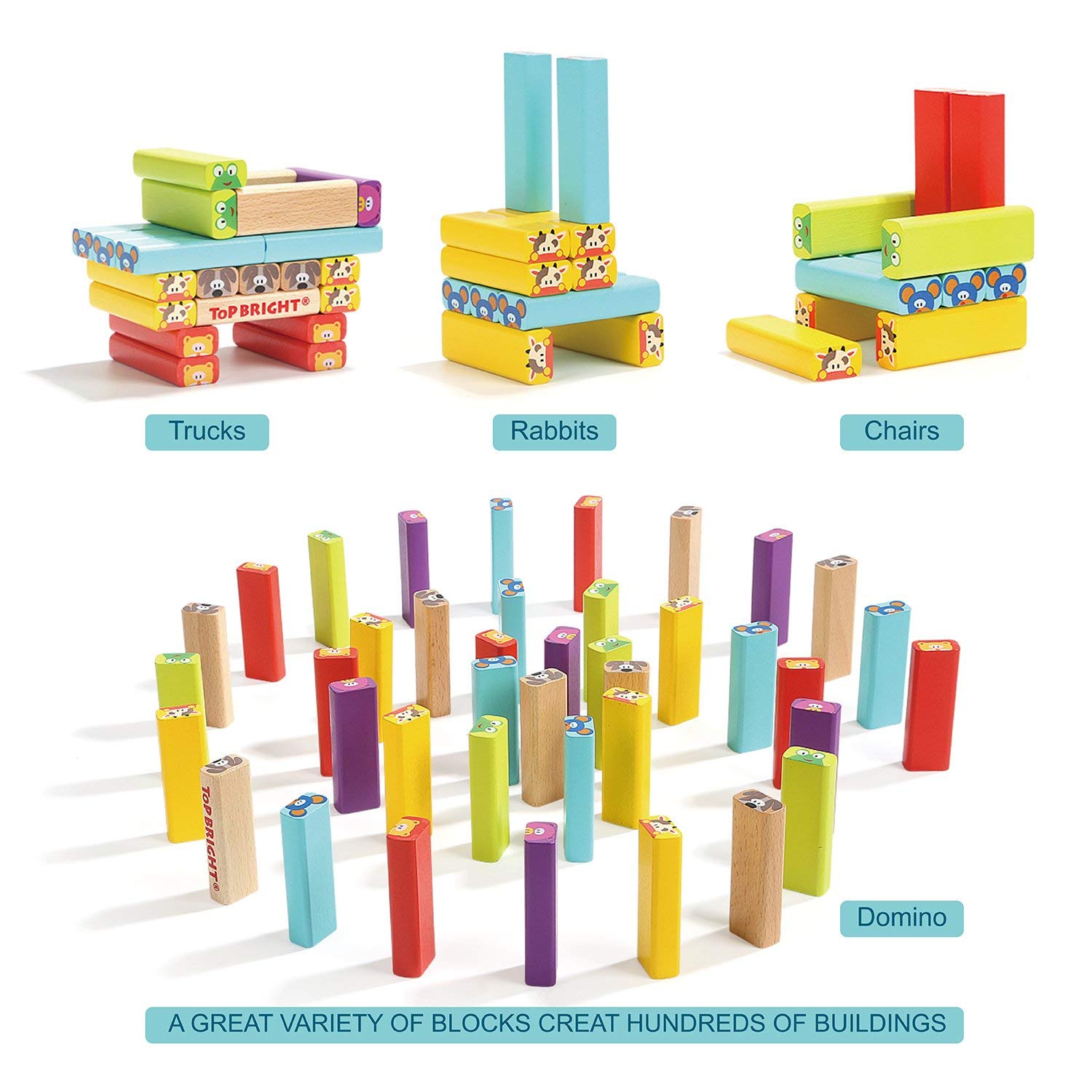 TOP BRIGHT Colored Wooden Blocks Stacking Board Games for Kids Ages 4-8 with 51 Pieces