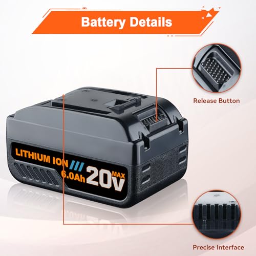 GROWFEAT 2Pack 6.0Ah 20V WA3520 WA3525 Replacement Lithium Battery Compatible with Worx 20V Battery WA3578 WA3525 WA3520 WA3575 WG151s Cordless Power Tools