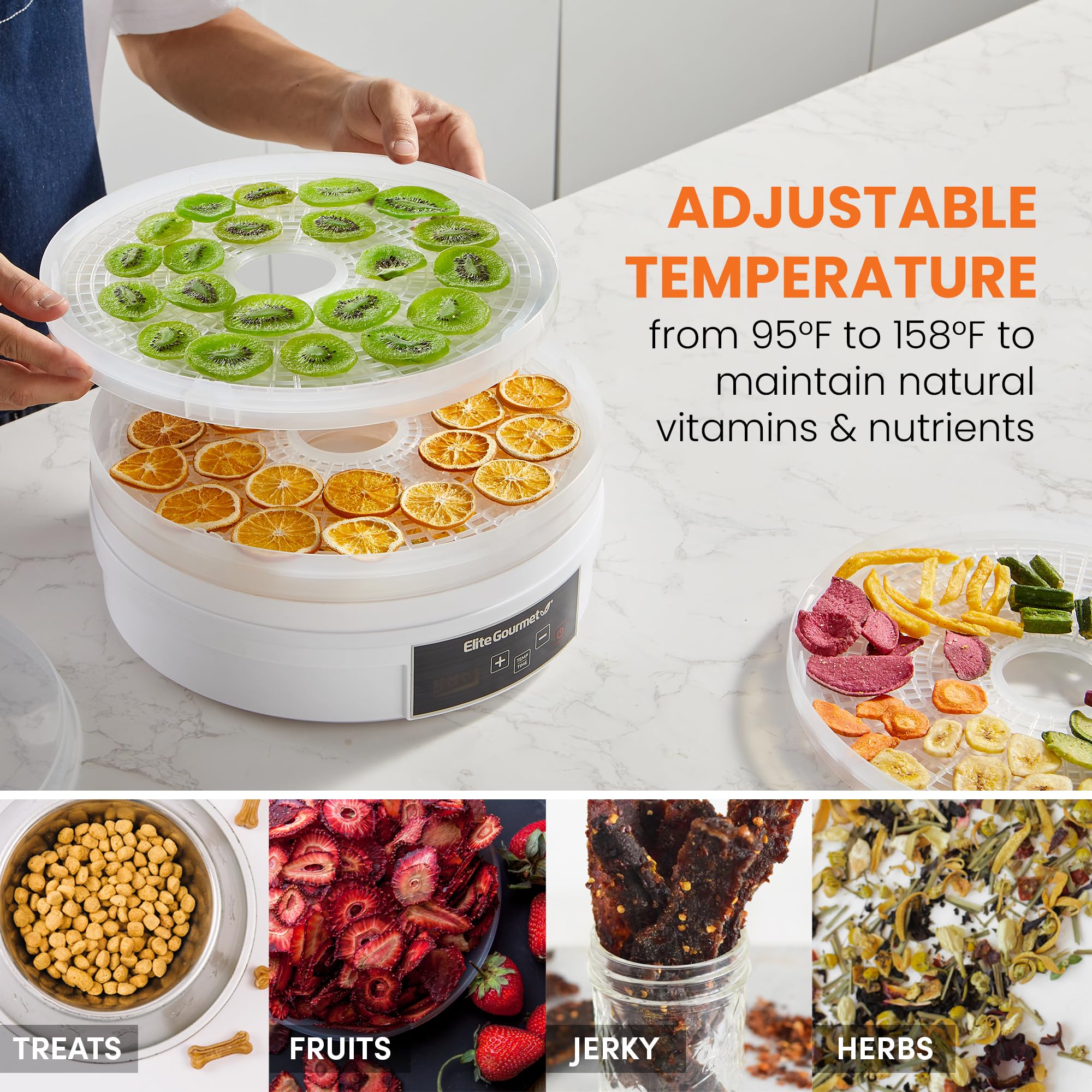 Elite Gourmet EFD770WD Digital Food Dehydrator with 5x12.5β BPA Free Trays, Adjustable 48-hr Timer and Temperature from 95~158F, Jerky, Herbs, Fruit, Veggies, Dried Snacks, White