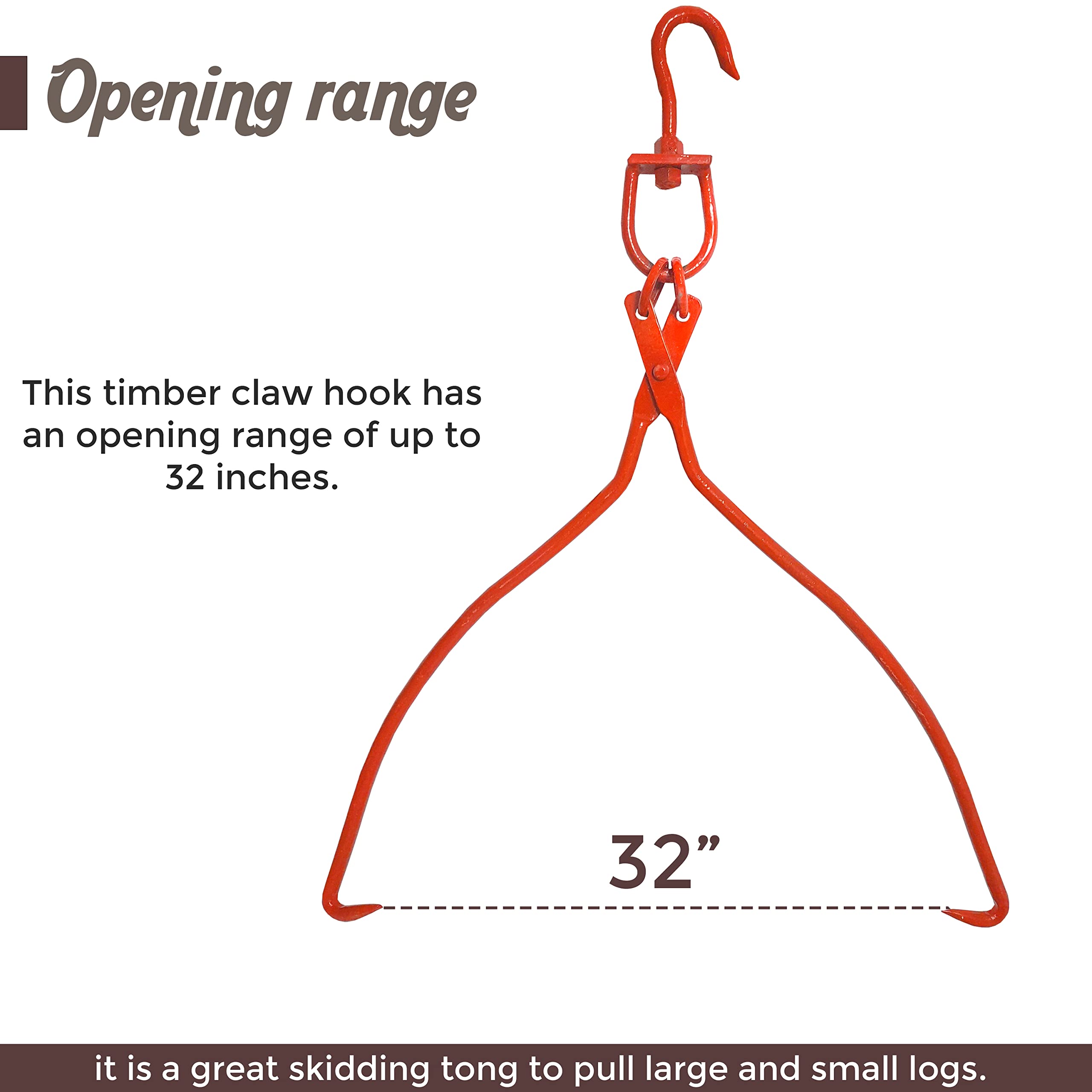 FEBTECH - Log Skidding Tongs 32-inches- Single Swivel Grab for Handling, Dragging & Carrying Logs, Heavy Duty Log Lifting Tongs, Heavy Duty Timber Claw Grappling Hook, Red