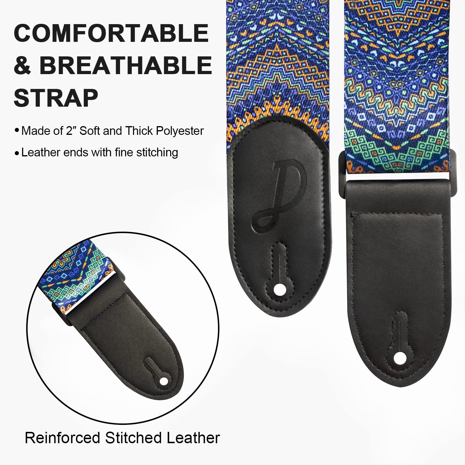 Dulphee Guitar Strap, W/Free 2 Locks & 1 Button, Ultra Comfortable Shoulder Straps for Bass, Electric & Acoustic Guitars, Guitar Accessories