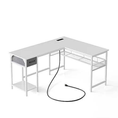 CubiCubi L Shaped 58 inch Computer Desk with LED and Storage Shelves, White