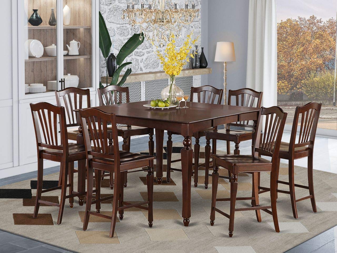 East West Furniture CHEL9-MAH-W 9 Piece Counter Height Dining Table Set Includes a Square Kitchen Table with Butterfly Leaf and 8 Dining Chairs, 54x54 Inch, Mahogany