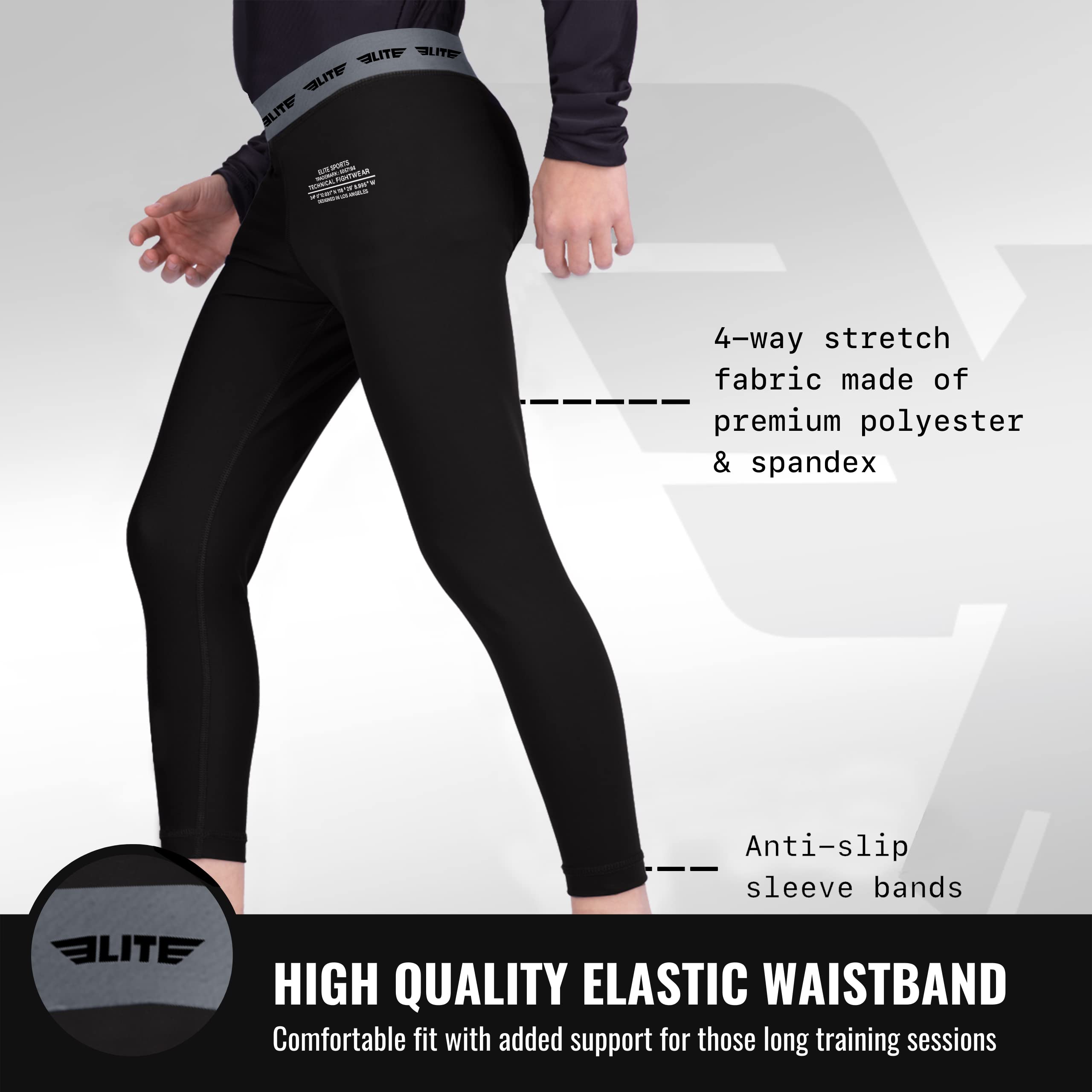 Elite Sports Kids MMA BJJ Athletic Spats Leggings Tights, Kids Jiu Jitsu Compression Base Layer Training Workout Pants (Black, X-Large)