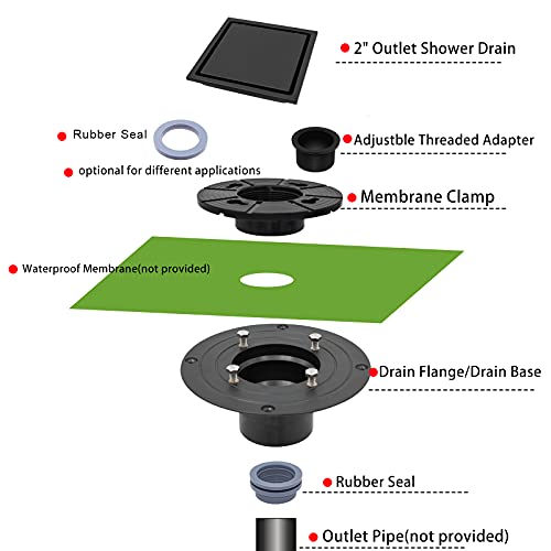 Fibetter 6 Inch Tile Insert Square Shower Drain with Flange Base, 2 in 1 SUS 304 Stainless Steel Shower Drain - Matte Black