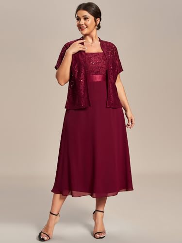 Ever-Pretty Plus Women's Curve Square Neck Lace Cardigan Chiffon Knee Length Plus Size Evening Dress Burgundy US22