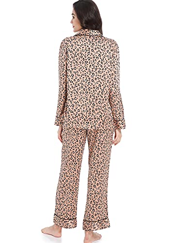 Serenedelicacy Women's Satin Pajama Set 2-Piece Sleepwear Loungewear Long Sleeve Button Down Silky PJ Set (Medium, Tan/Black/Ivory, Leopard)