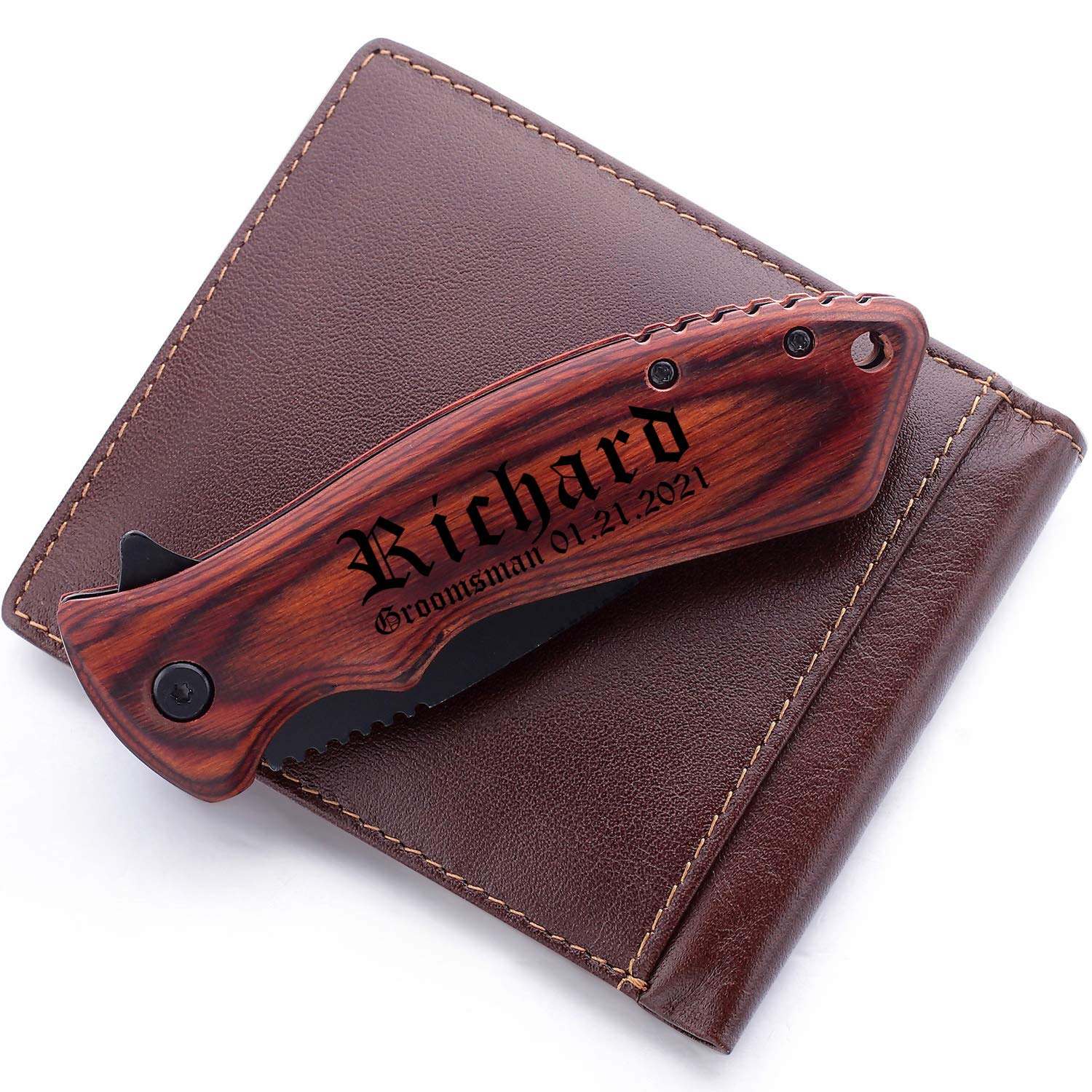 Groomsmen Gifts For Men Wedding Knife Set - Personalized Pocket Knife Custom Knife Gift Options - Best Groomsman, Mens Bachelor, Best Man Proposal Gift Set - 6 Font