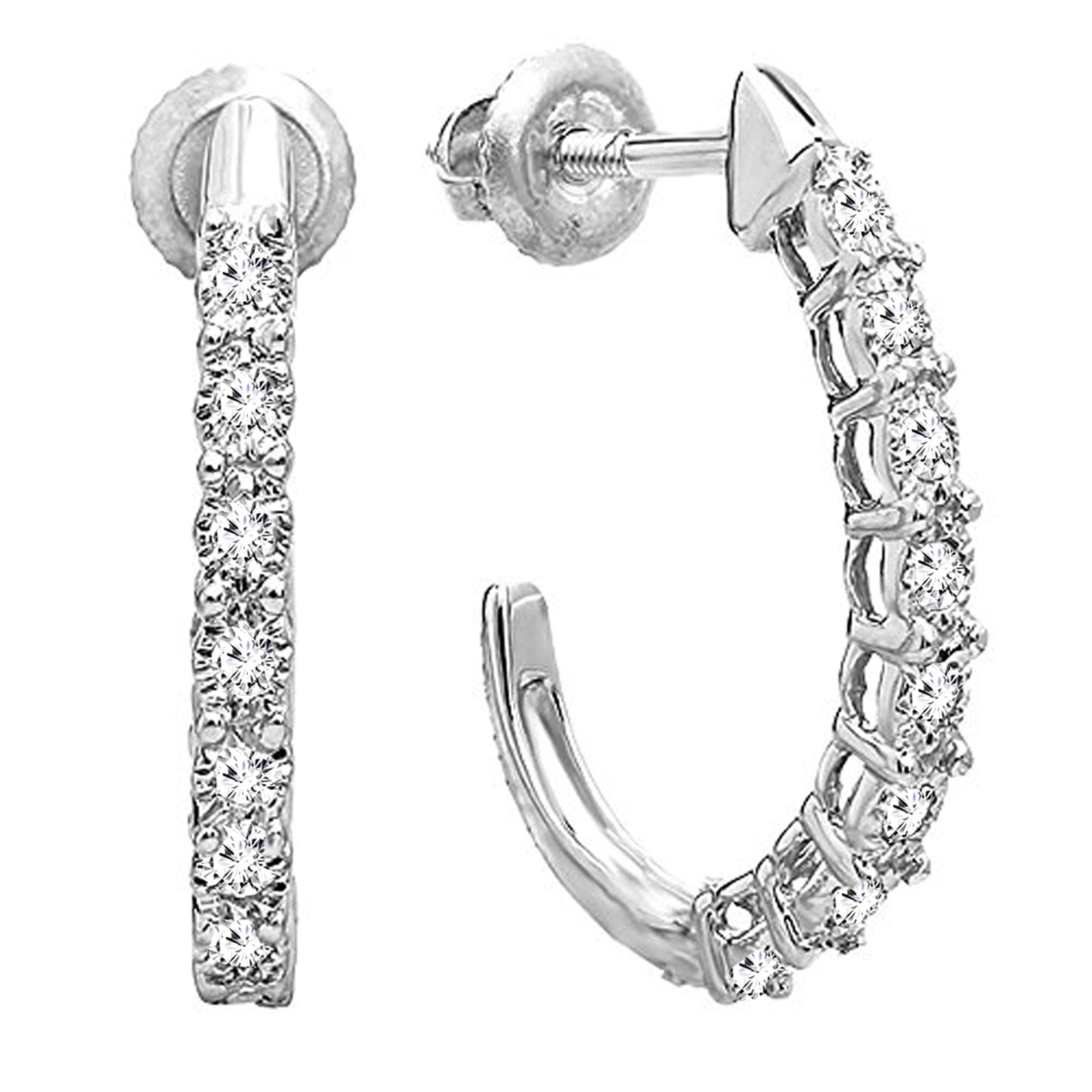 Dazzlingrock Collection 0.15 Carat (ctw) Round White Diamond J Shaped Classic Hoop Earrings for Her in 925 Sterling Silver in Screw Back
