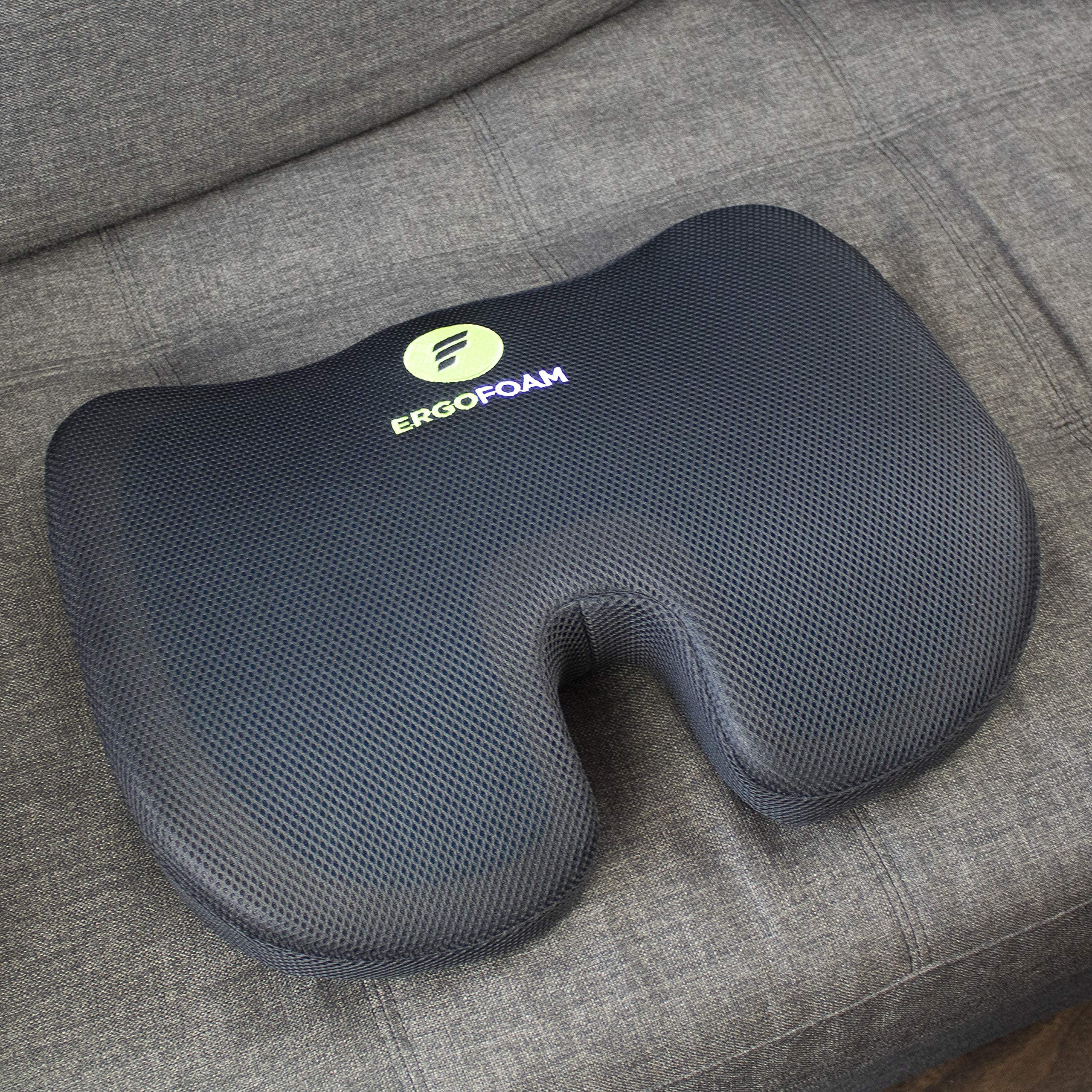 ErgoFoam Seat Cushion for Office Chair - Memory Foam Cooling Gel Coccyx Cushion for Tailbone Pain - Tailbone Cushion - Sciatica Pillow for Sitting (Black)