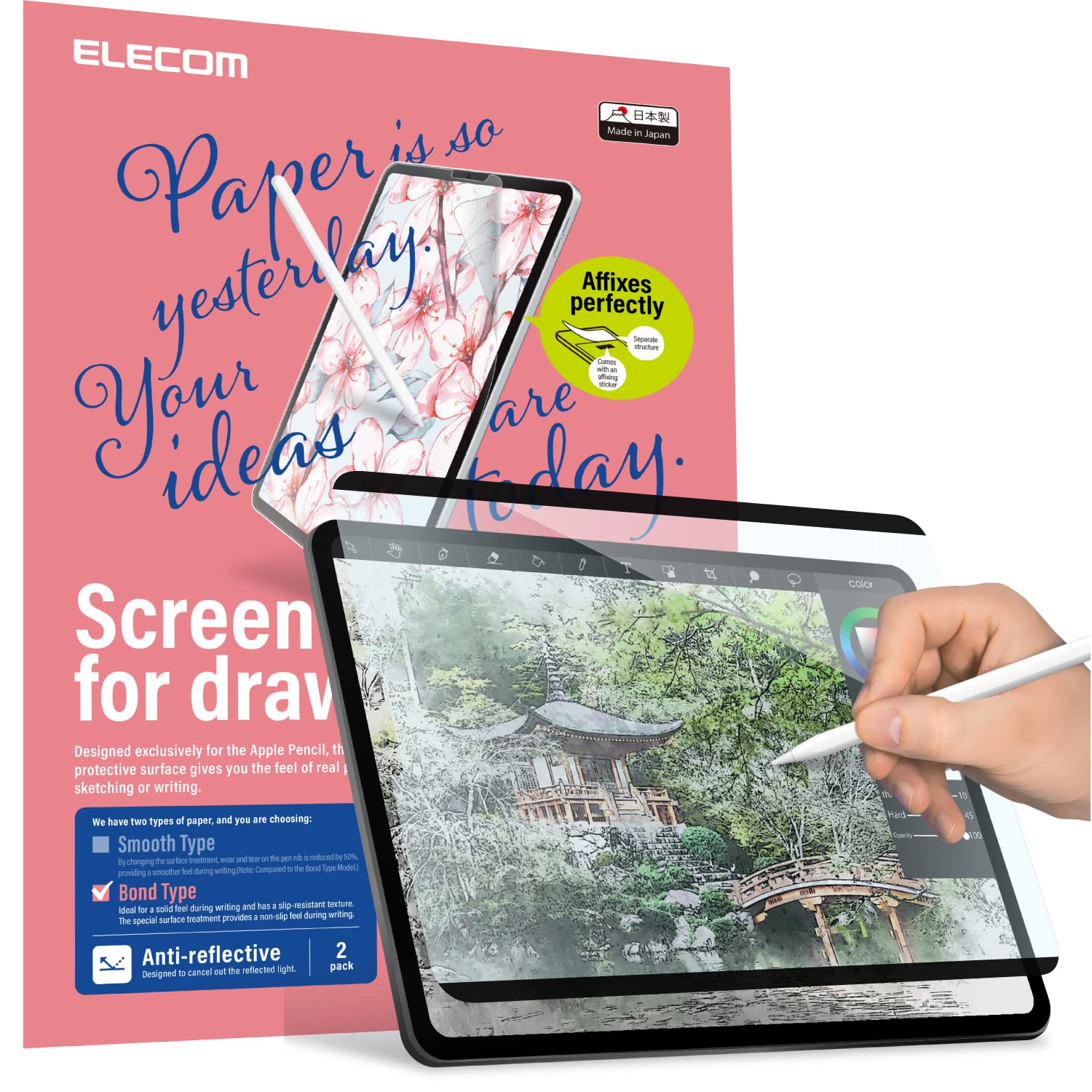 ELECOM Detachable Pencil Feel Screen Protector, Reusable Nano Suction, for 10.9 Inch iPad Air, iPad Pro 11 Inch, Paper Feeling for Drawing Writing Illustration, Anti-Glare (TB-APBNS110-W)