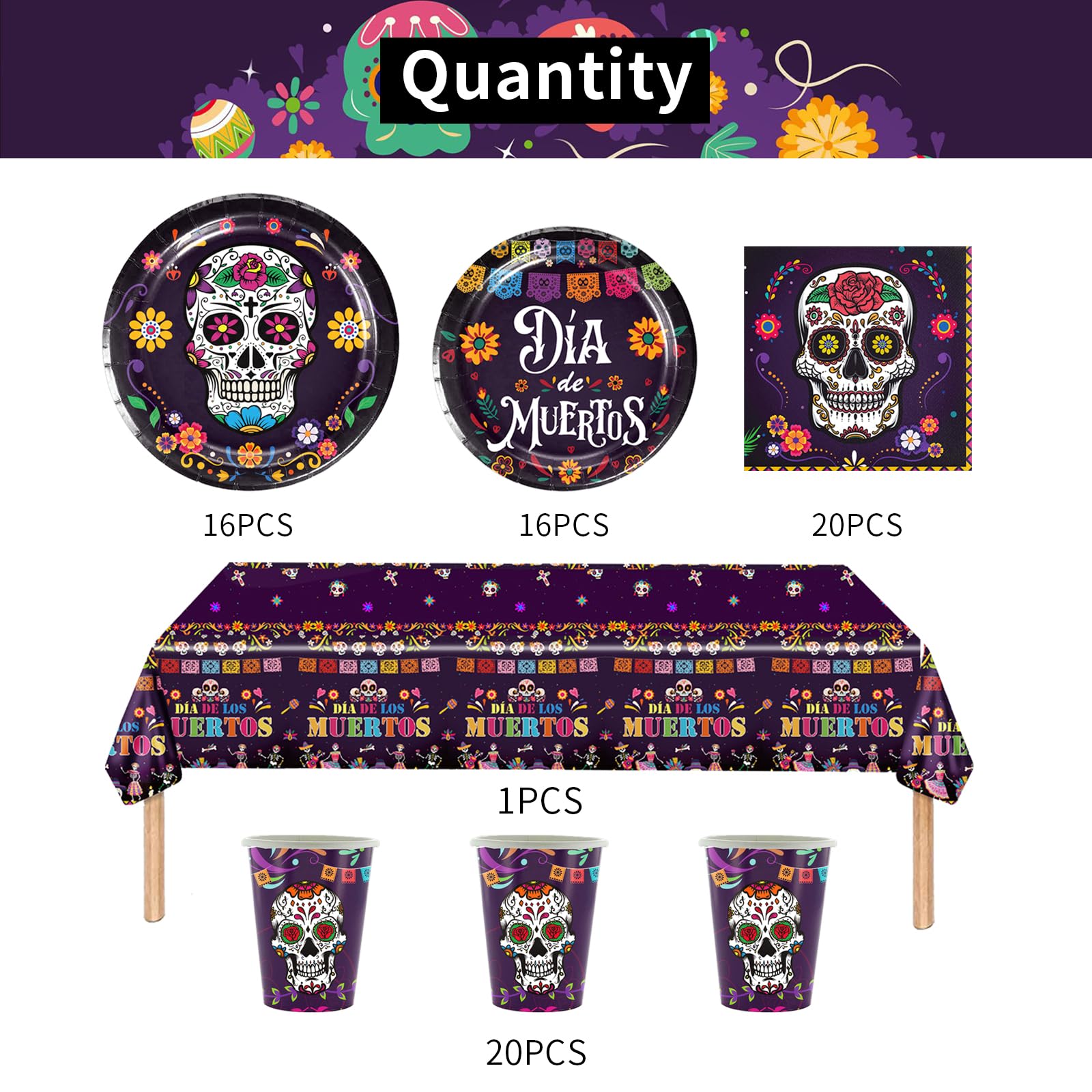 Day of the Dead Party Tableware Set,Sugar Skull Dia De Los Muertos Tableware Include Plates,Napkins,Cups and Tablecloth for Mexican Party Fiesta Decoration Supplies(Serve 16)