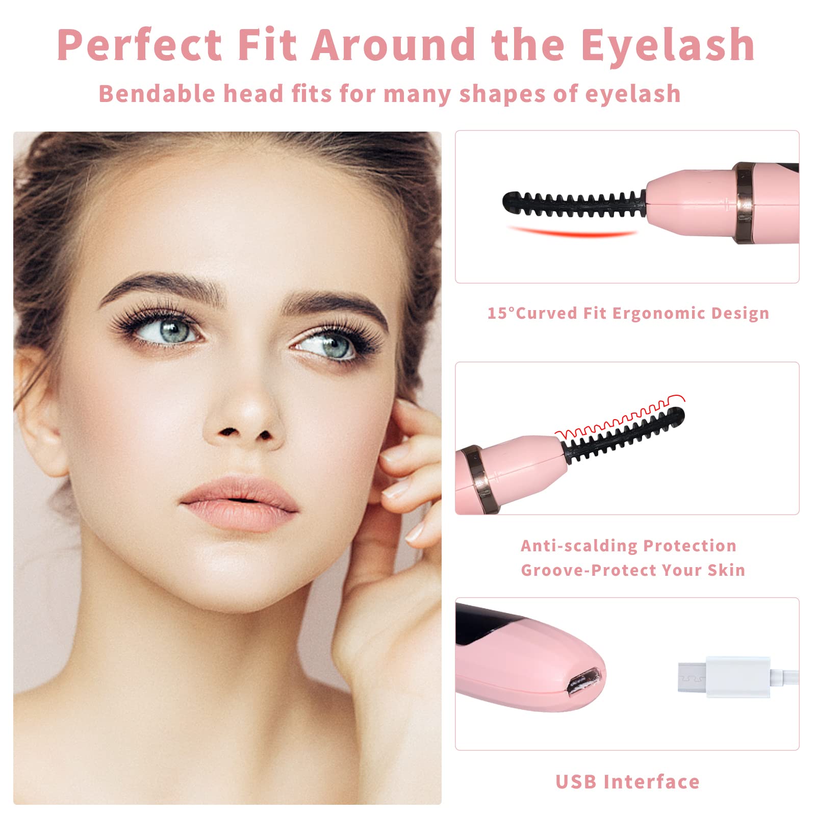 Heated Eyelash Curler, Heated Lash Curler Electric Eyelash Curler with Comb 3 Temp Settings for Makeup Tools for Achieving A Natural Curl and Long Lasting Eyelashes, Designed for Women, Pink,A