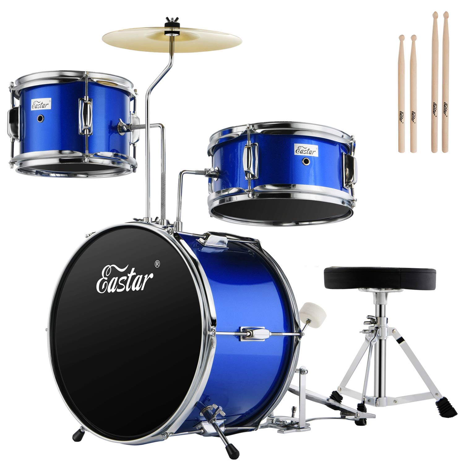 Eastar Kids Drum Set 16 inch 3-Piece, Junior Drum Set Kit with Throne, Cymbal, Pedal & Drumsticks,Metallic Blue (EDS-280Bu)