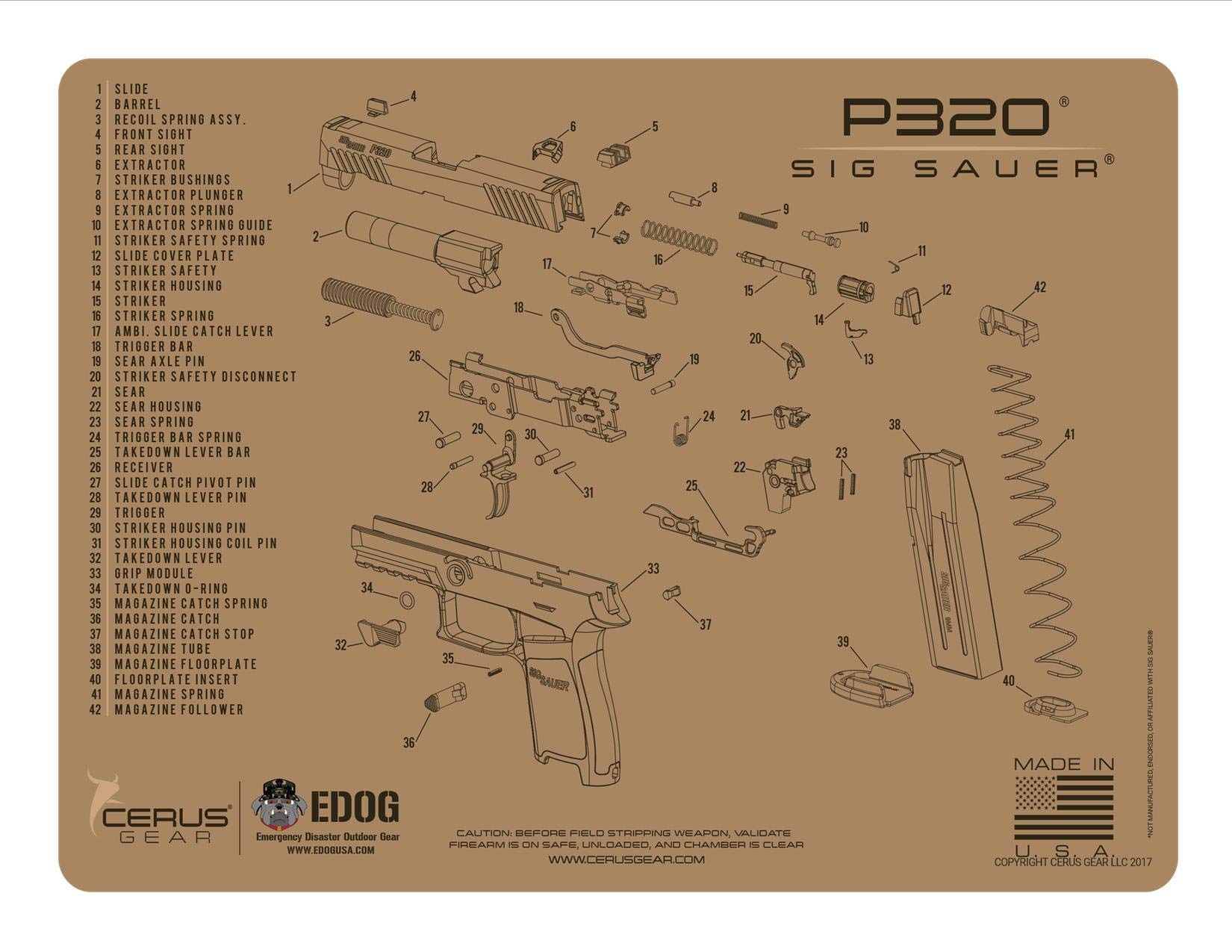 EDOG Range Warrior 27 Pc Gun Cleaning Kit - Compatible with Sig Sauer P320 Tan - Schematic (Exploded View) Mat, Range Warrior Universal .22 9mm - .45 Kit & Tac Book Accessories Set