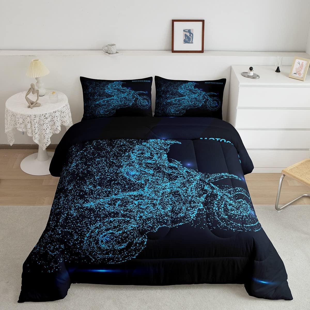 Feelyou Dirt Bike Comforter Set Motocross Racer Bedding Set for Kids Boys Teens Racing Motorcycle Comforter Set Extreme Sports Comforter Motorbike Bedding Decoration Twin Size Blue Boys