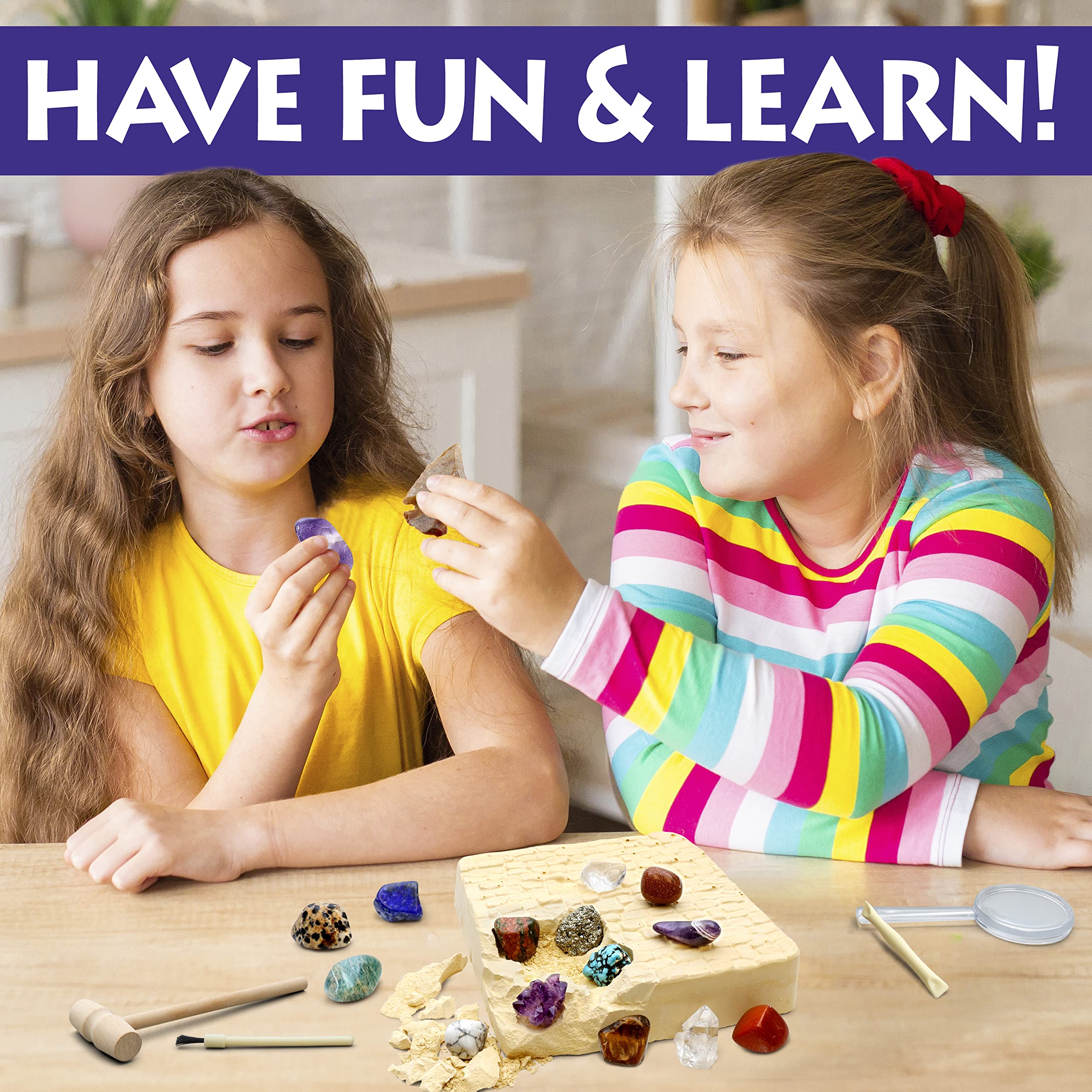 DANCING BEAR Gem Dig Kit - Excavate 16 Gems & Crystals Including Arrowheads, Quartz, Amethyst - STEM Education Gift Set for Kids