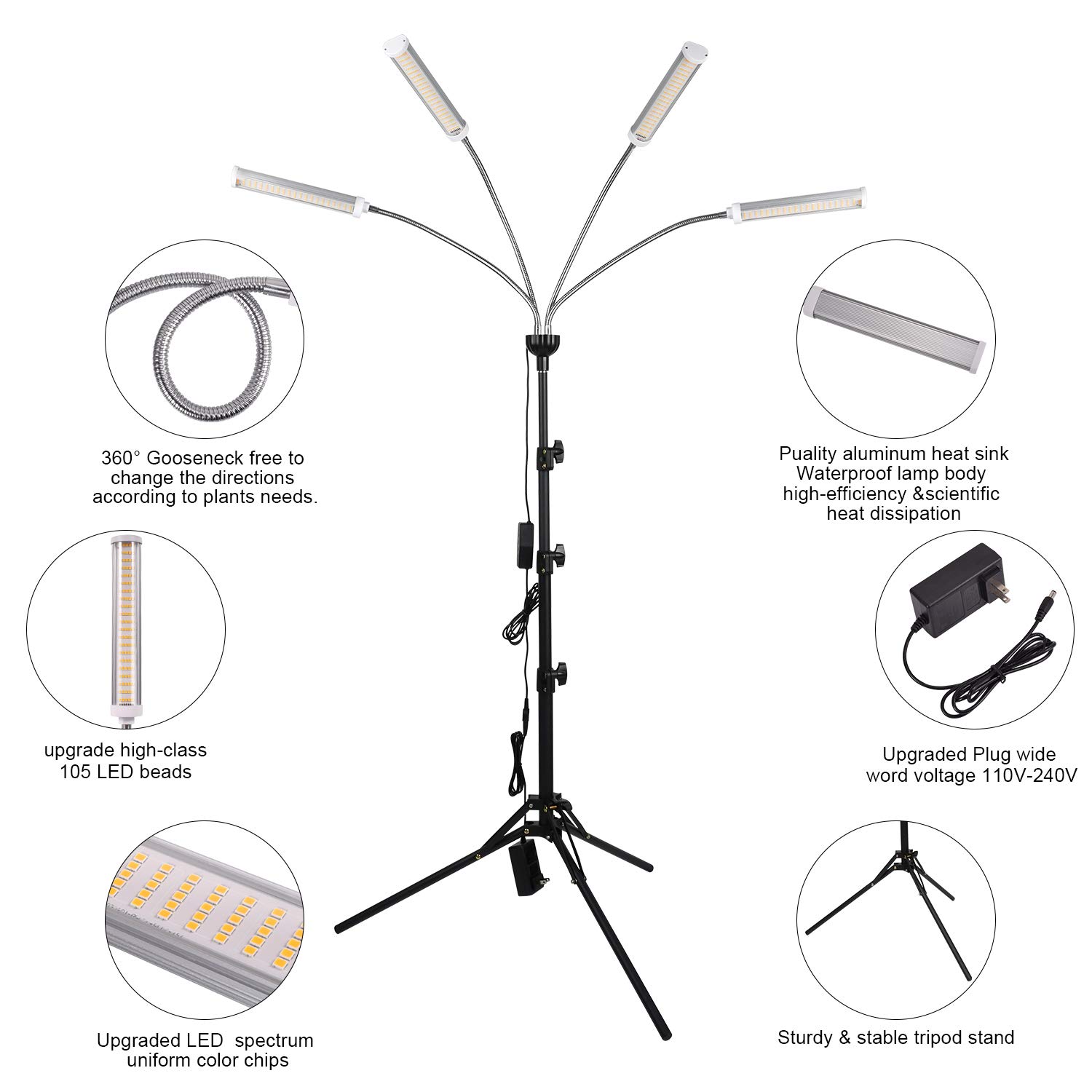 Grow Lights for Indoor Plants,Lxyoug Full Spectrum with 60" Extendable Tripod Stand,420 LEDs 200W Auto On/Off Timing Function Four-Heads Floor Plant Grow Light for Various Plants
