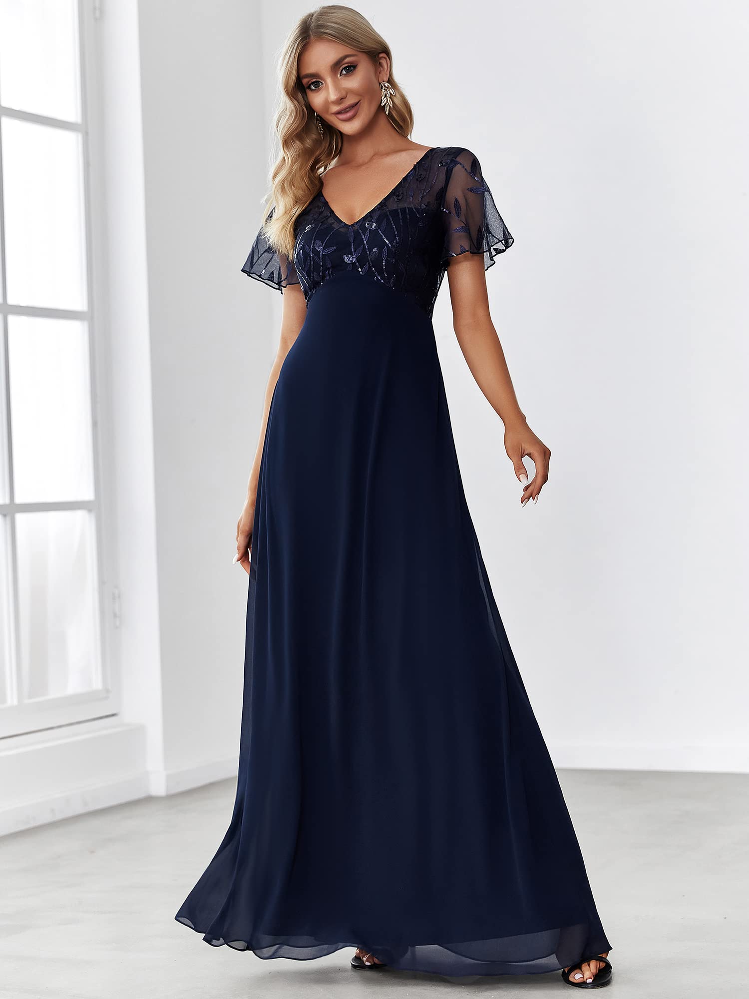Ever-Pretty Women's Short Sleeve Sweetheart Illusion Wedding Party Maxi Dress Navy US14
