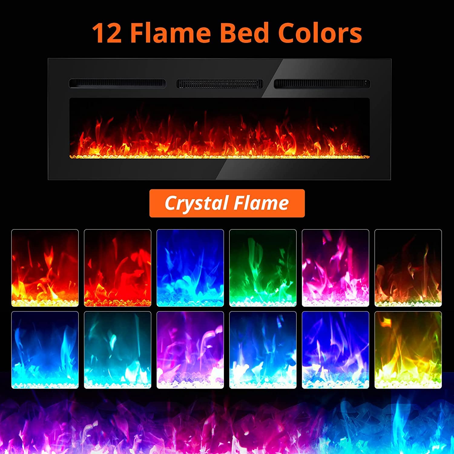 Electric Fireplace, 50 inch Recessed and Wall Mounted Electric Fireplace with Remote Control, Timer and Touch Screen, 12 Adjustable Flame Color and Speed, 750W/1500W