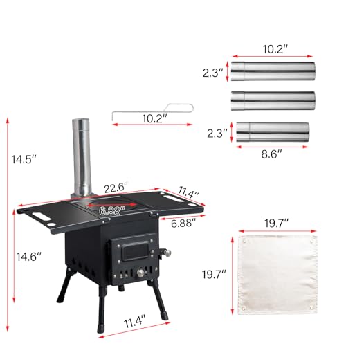 Kcelarec Camping Tent Stove with Chimney Damper | Folding Camping Wood Burning Stove Grill for Outdoor Cooking | Stainless Steel Grill