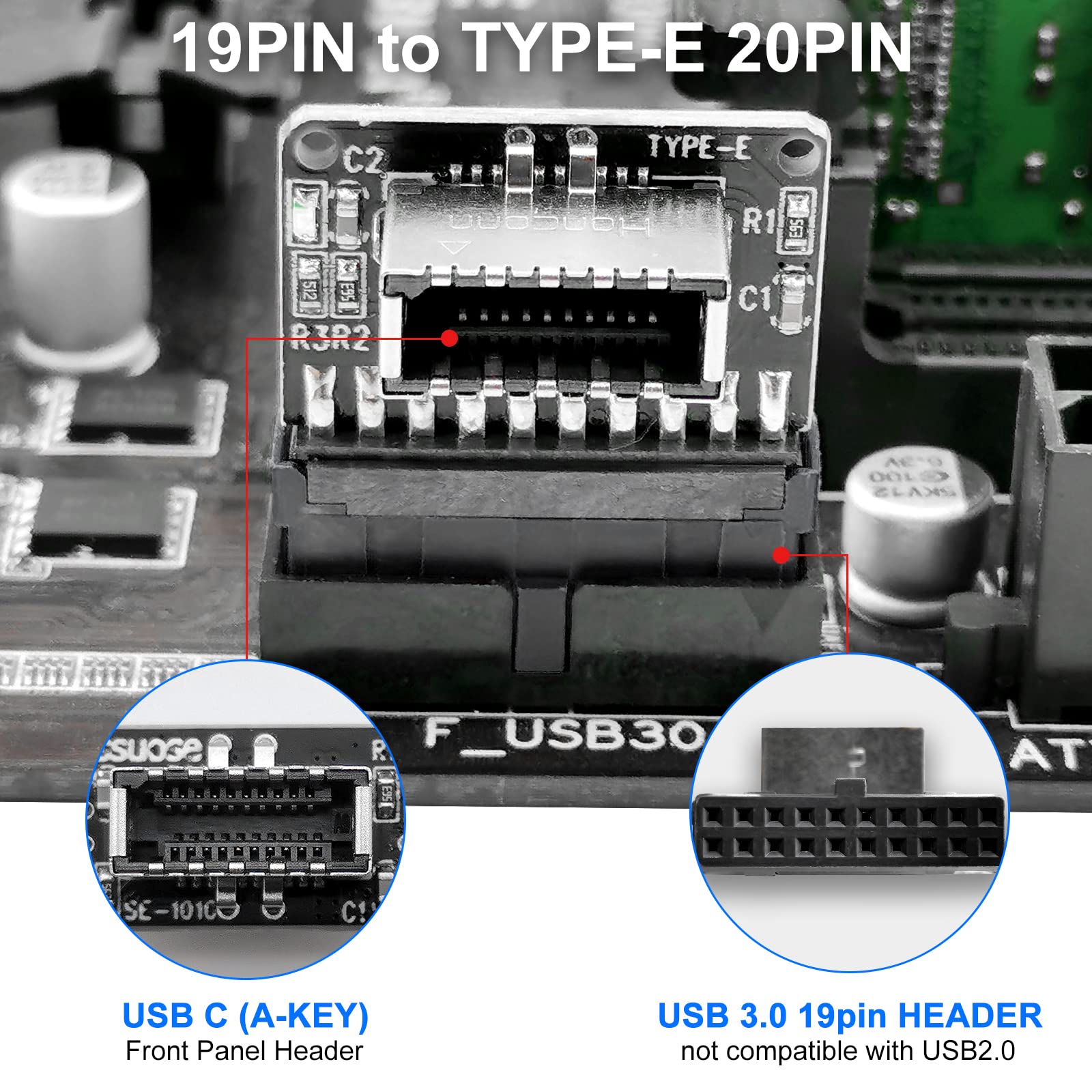 Mainboard Internal USB 3.0 (3.1 Gen 2) 19PIN Header to Type-E Key-A 20 Pin USB 3.1 Front Panel Socket Adapter for Type C Panel Mount Header