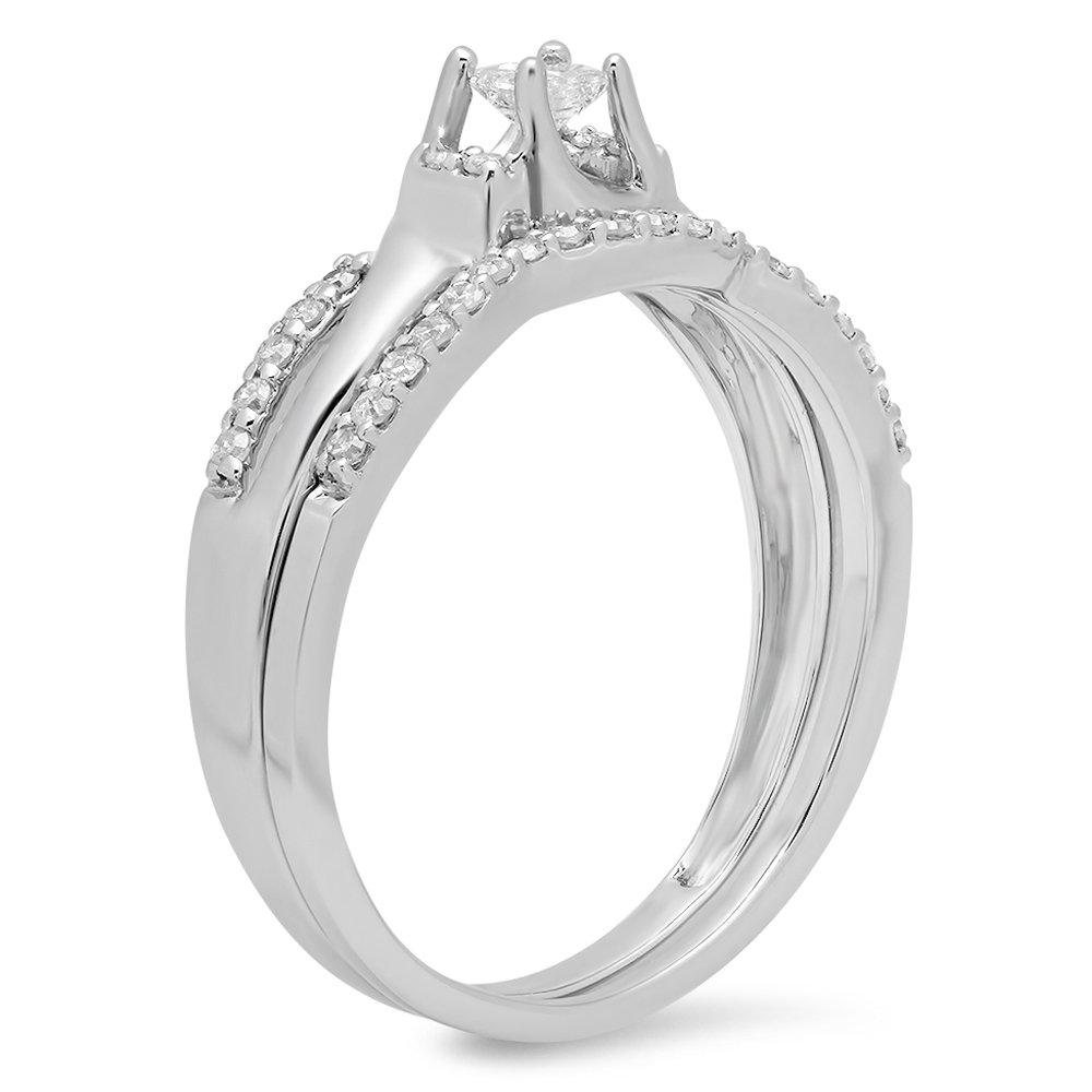 Dazzlingrock Collection 0.40 Carat (Cttw) 10k Princess and Round Diamond Women Swirl Wave Engagement Ring Set, White Gold, Size 6