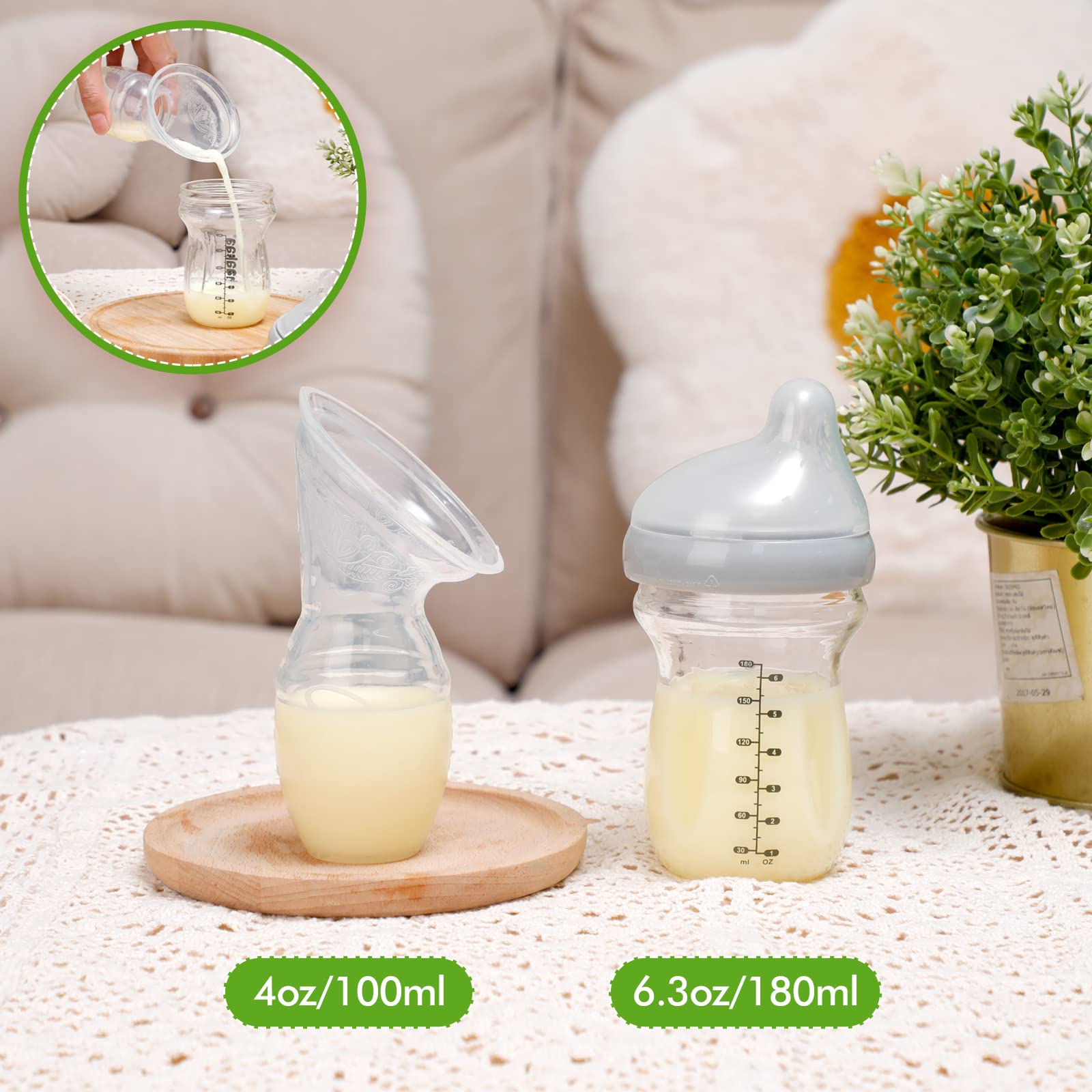 haakaa Manual Breast Pump 4oz/100ml and Glass Baby Bottle 6.3oz/180ml with Anti-Colic Body for Baby Feeding (Variable Flow Nipple, 6m+, Grey)