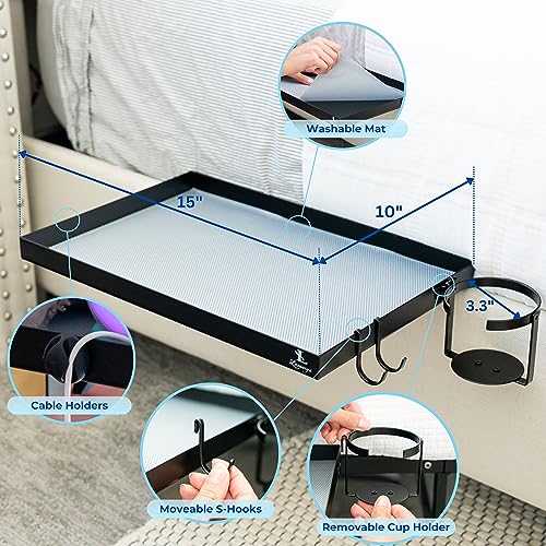 Premium Steel Bedside Shelf, Bunk Bed Shelf Organizer for Top Bunk Clip On Nightstand for College Dorm Loft Bed Bedside Shelf Tray for Kids with Cupholder, Hooks, Cable Organizer (Clamp, Black)