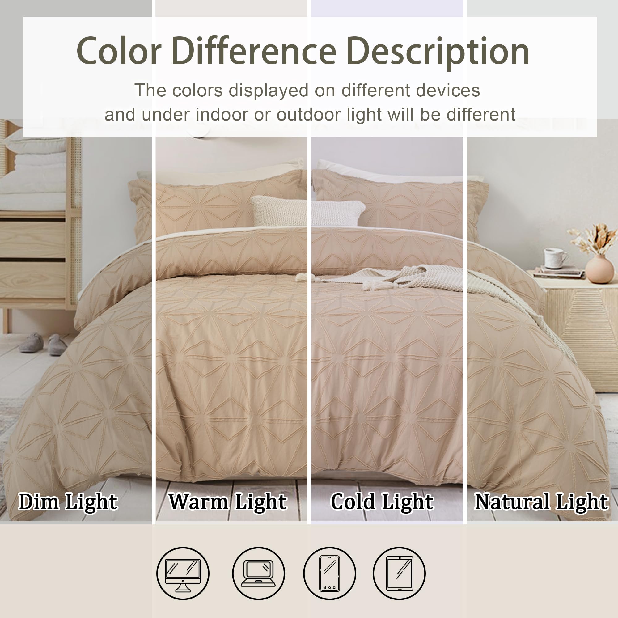 LONG CREATE Khaki Duvet Cover Twin Size - Tufted Duvet Cover Set Washed Microfiber, Boho Jacquard Pattern Comforter Cover with Zipper, Soft 2PCS Bedding Set (1 Duvet Cover 68x90, 1 Pillowcase)